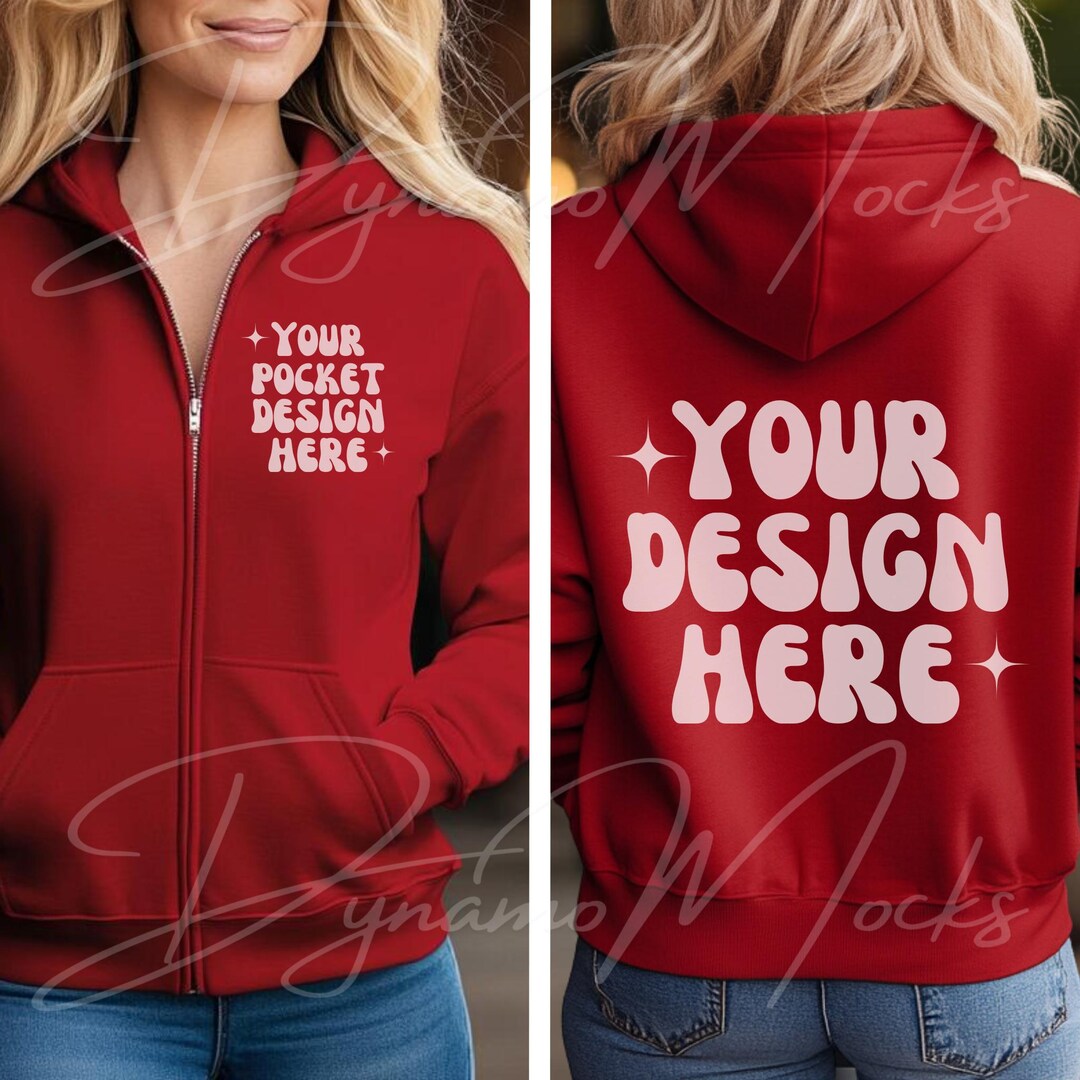 Gildan 18600 Mockup, Red 18600 Front Back Zip up Hoodie Mockup, Red ...