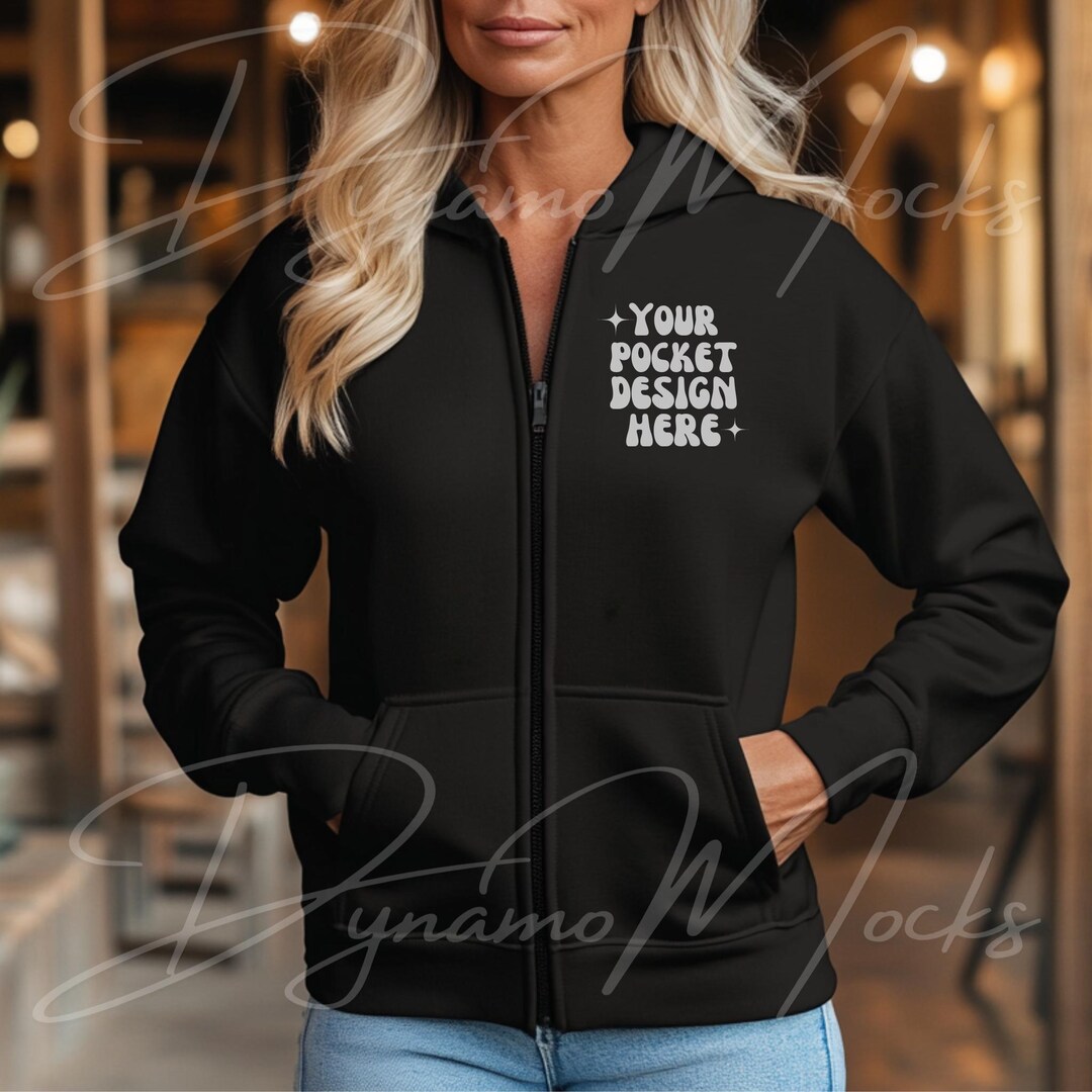 Black Gildan 18600 Mockup | Black Zip up Hoodie Mockup | Female ...