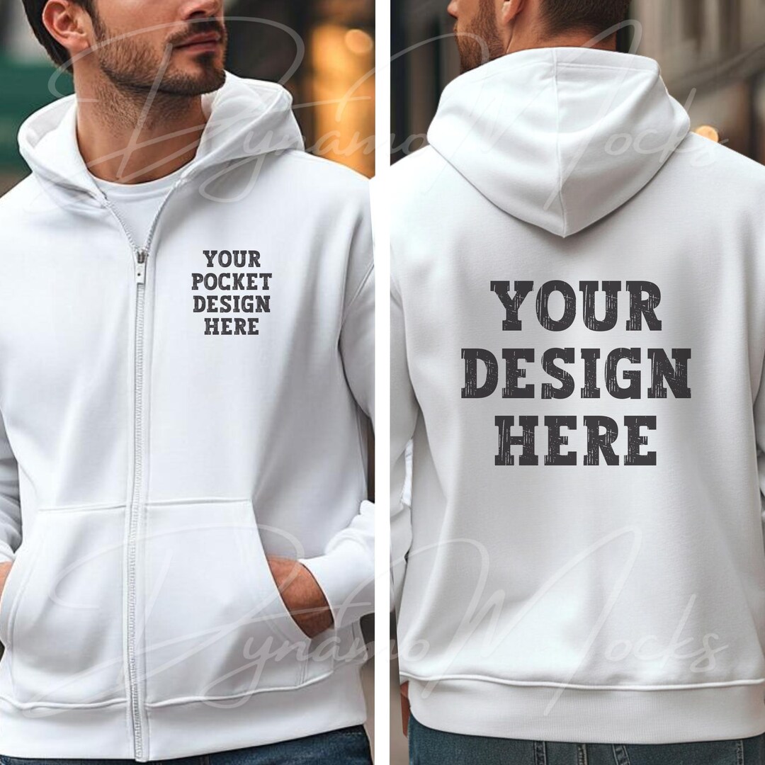 White Gildan 18600 Mockup | White Front Back Zip up Hoodie Mockup ...