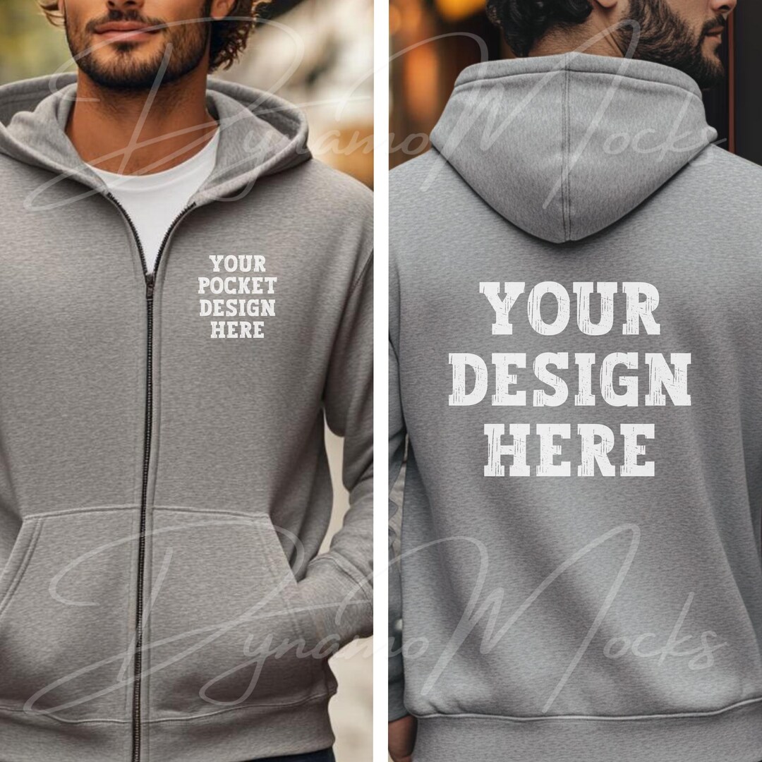 Sport Gray Gildan 18600 Mockup | Front Back Zip up Hoodie Mockup | Male ...