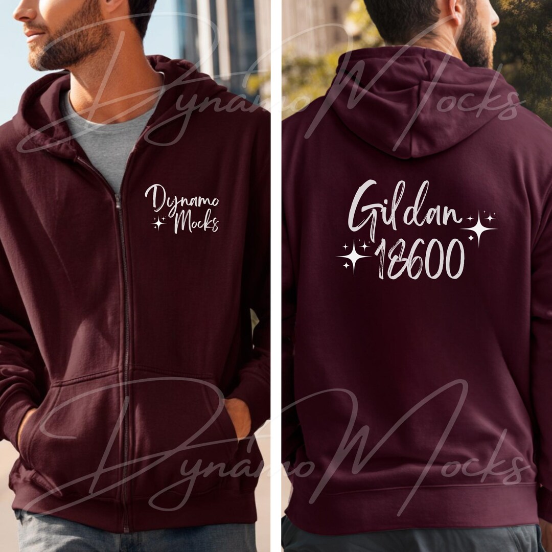 Gildan 18600 Mockup, Maroon Front Back Zip up Hoodie Mockup, Male ...