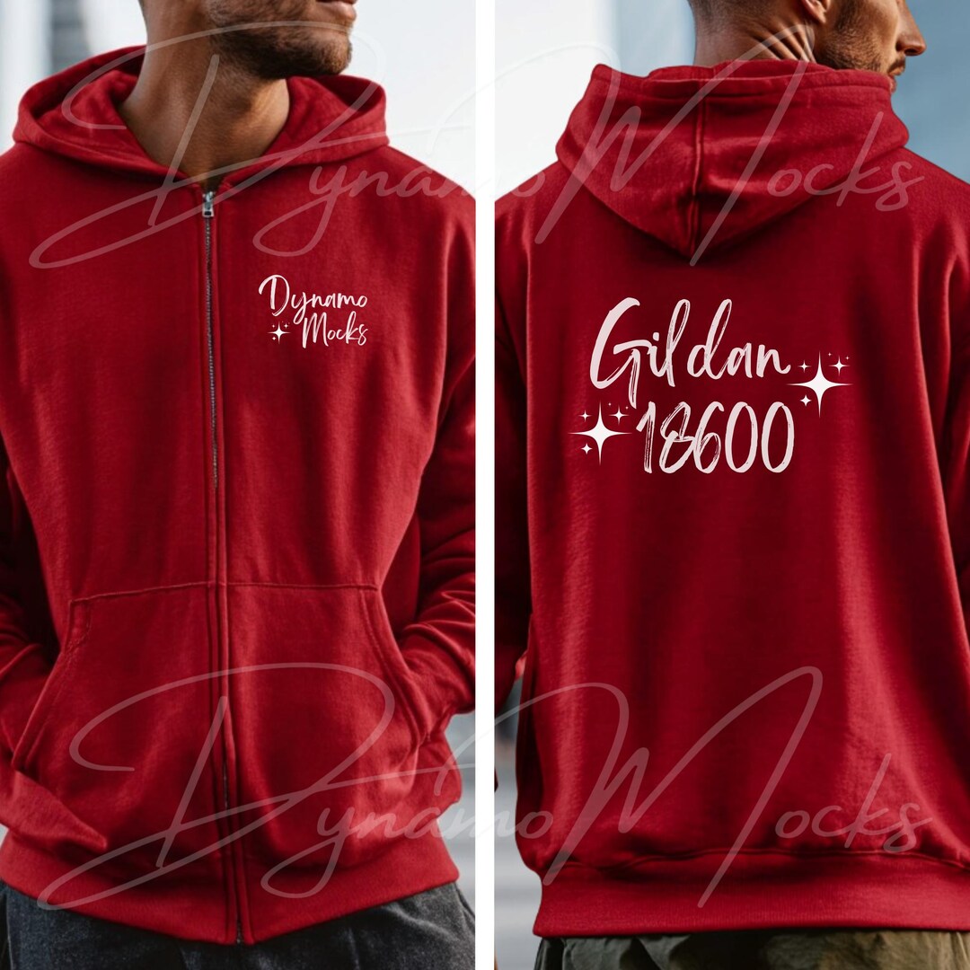 Gildan 18600 Mockup, Red Front Back Zip up Hoodie Mockup, Male ...