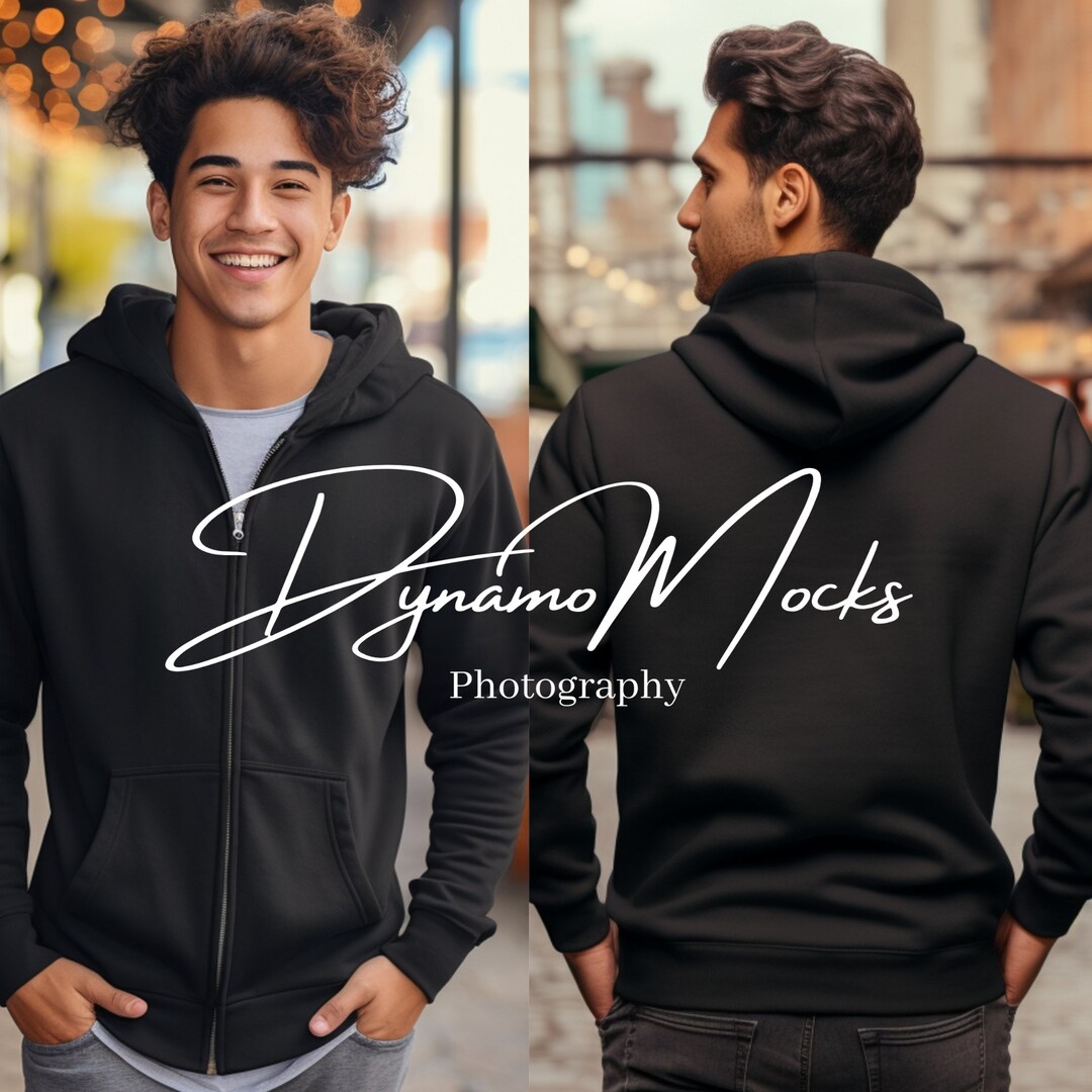 Black Gildan 18600 Mockup Black Front Back Zip up Hoodie Mockup Male ...