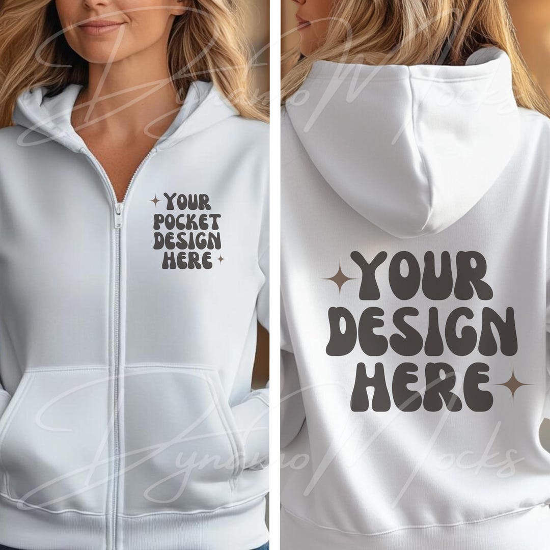 White Gildan 18600 Mockup | White Front Back Zip up Hoodie Mockup ...