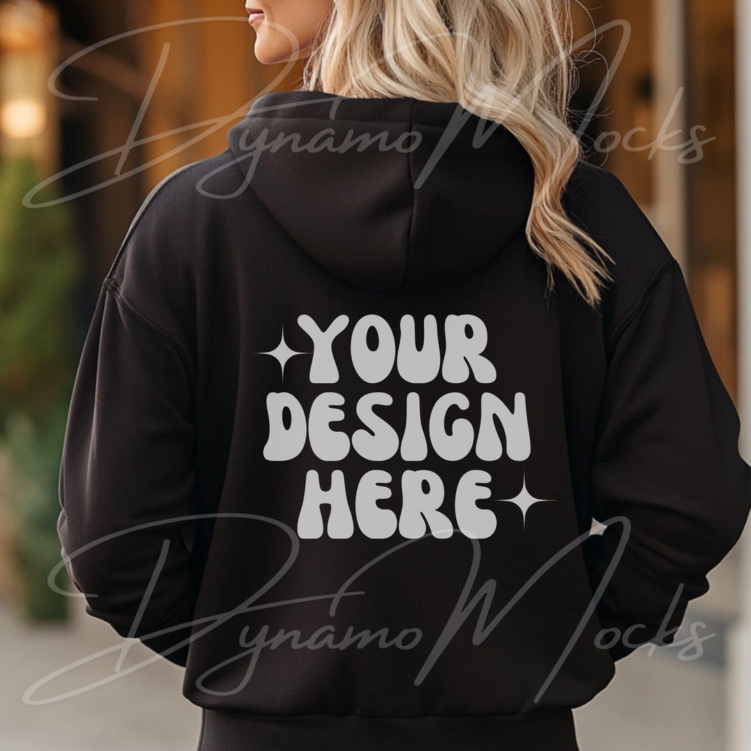 Black Gildan 18600 Mockup, Black Back Zip up Hoodie Mockup, Female Back ...