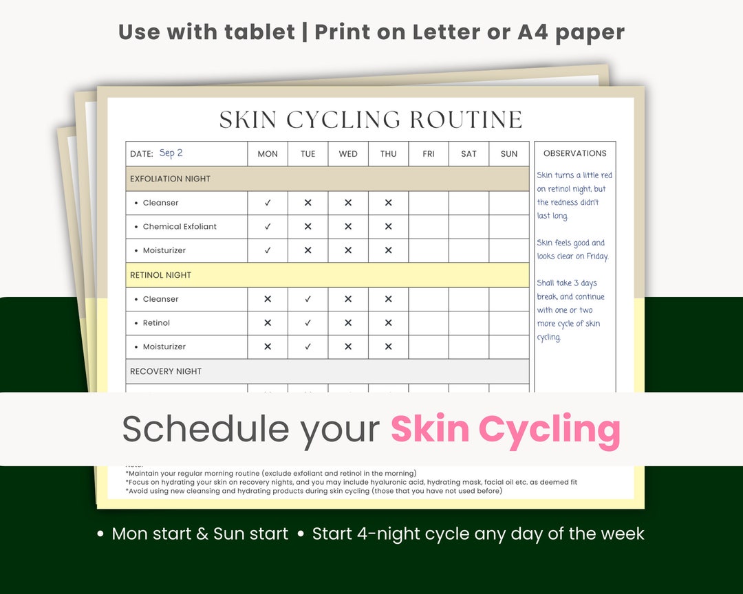 Skin Cycling Routine Tracker: Printable Skincare Calendar, Retinol ...