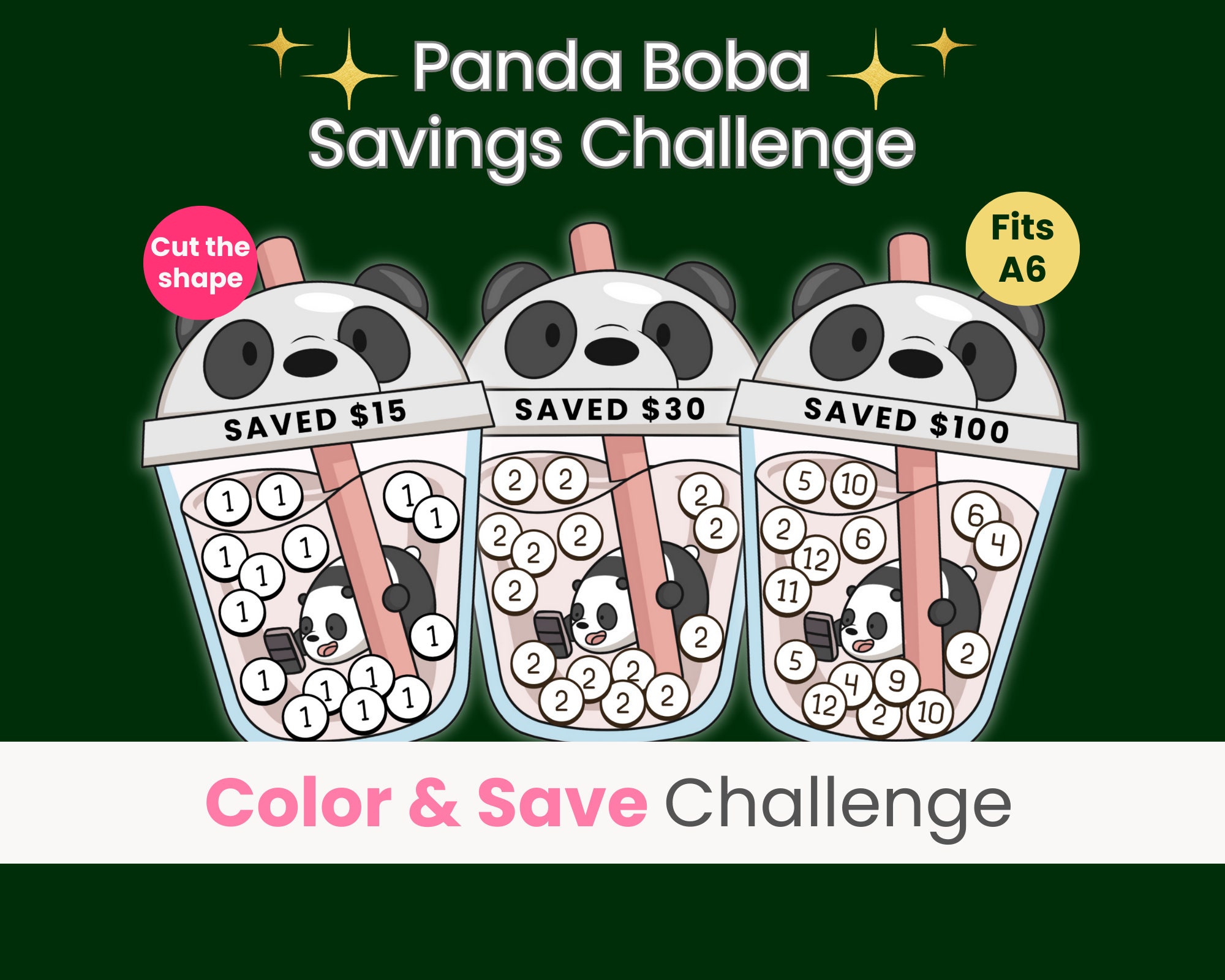 Cute Panda Boba Savings Challenge, Mini Savings Challenge, One Dollar ...