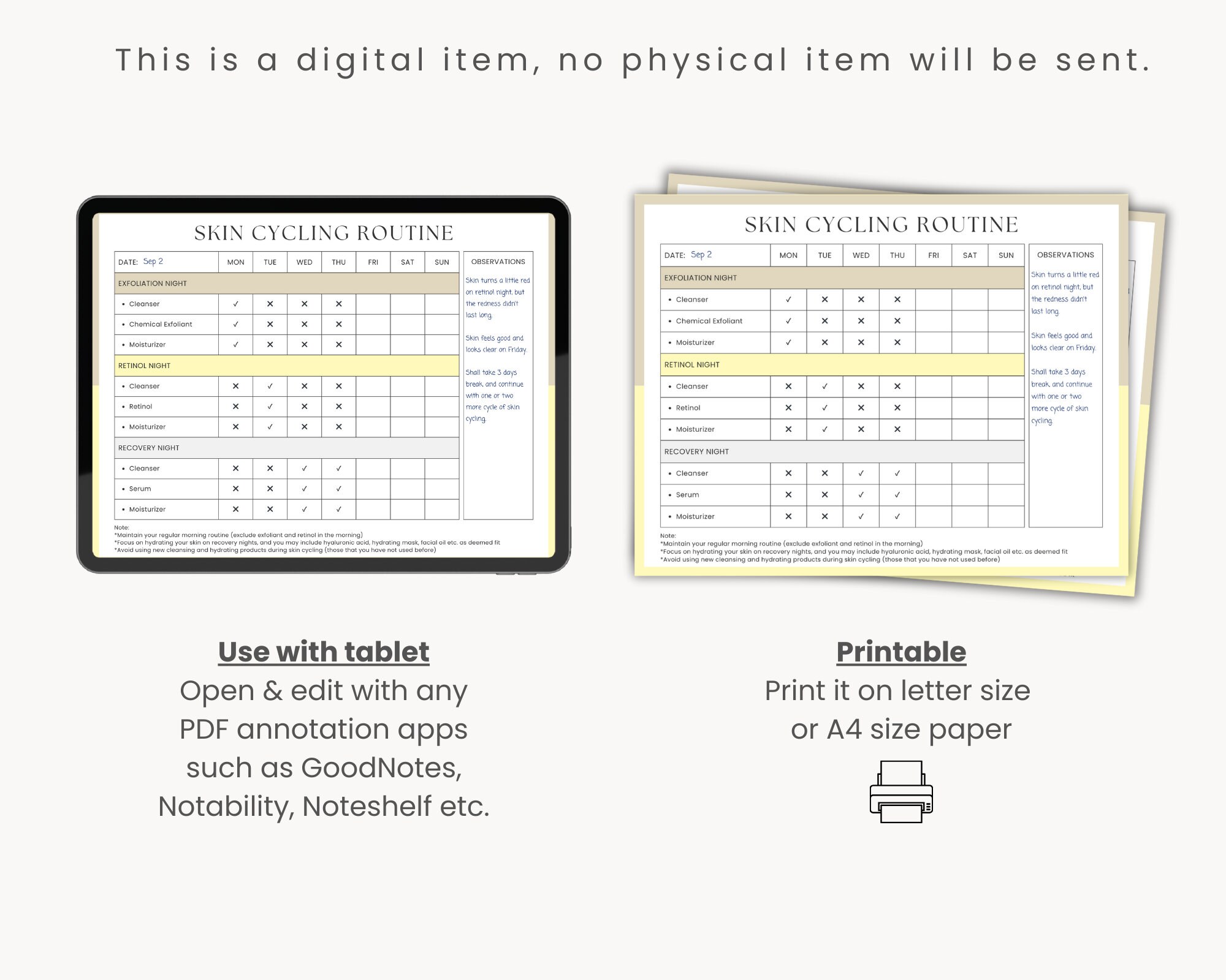 Skin Cycling Routine Tracker: Printable Skincare Calendar, Retinol ...