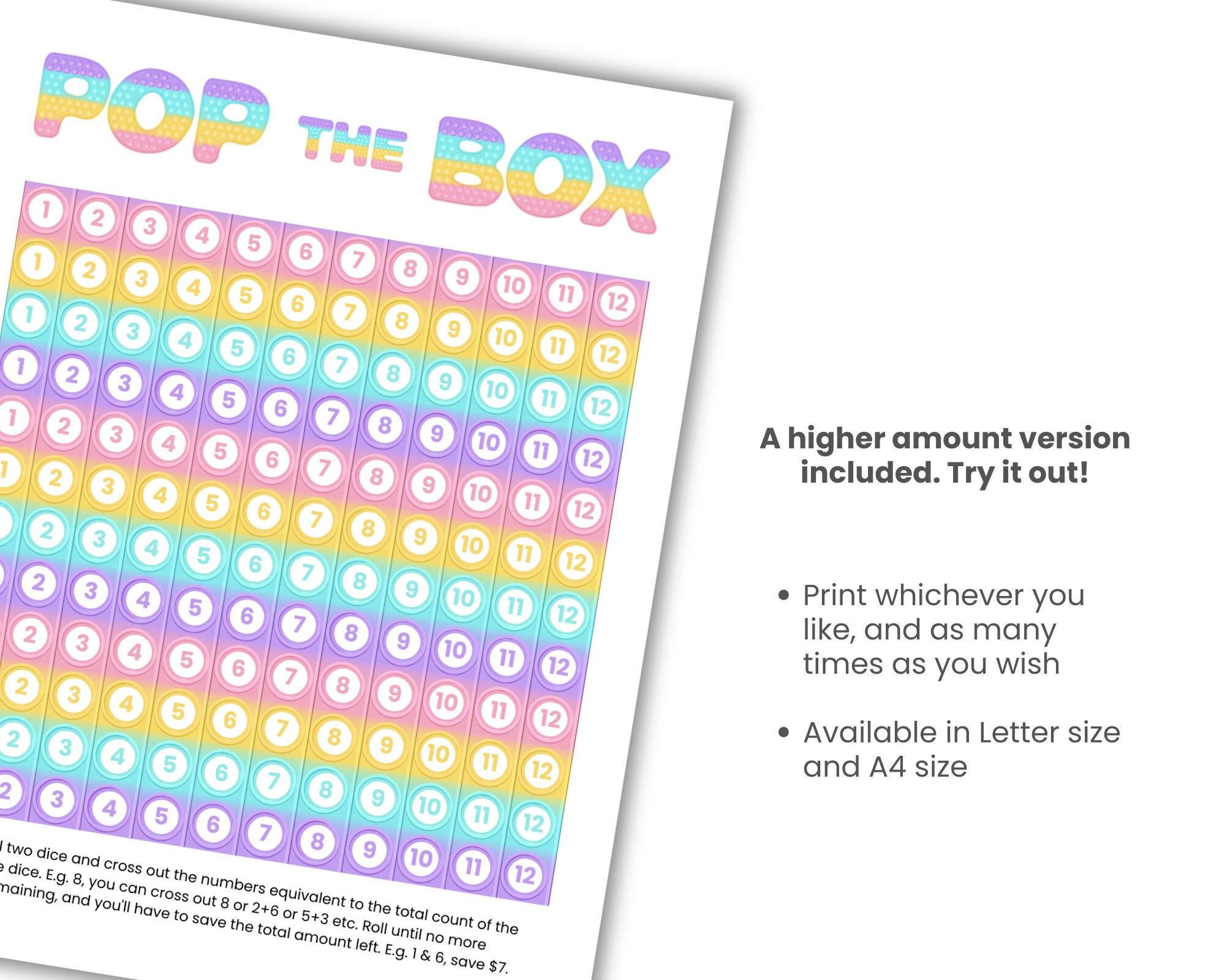 Pop the Box Savings Challenge, Shut the Box Savings Challenge, Roll the ...