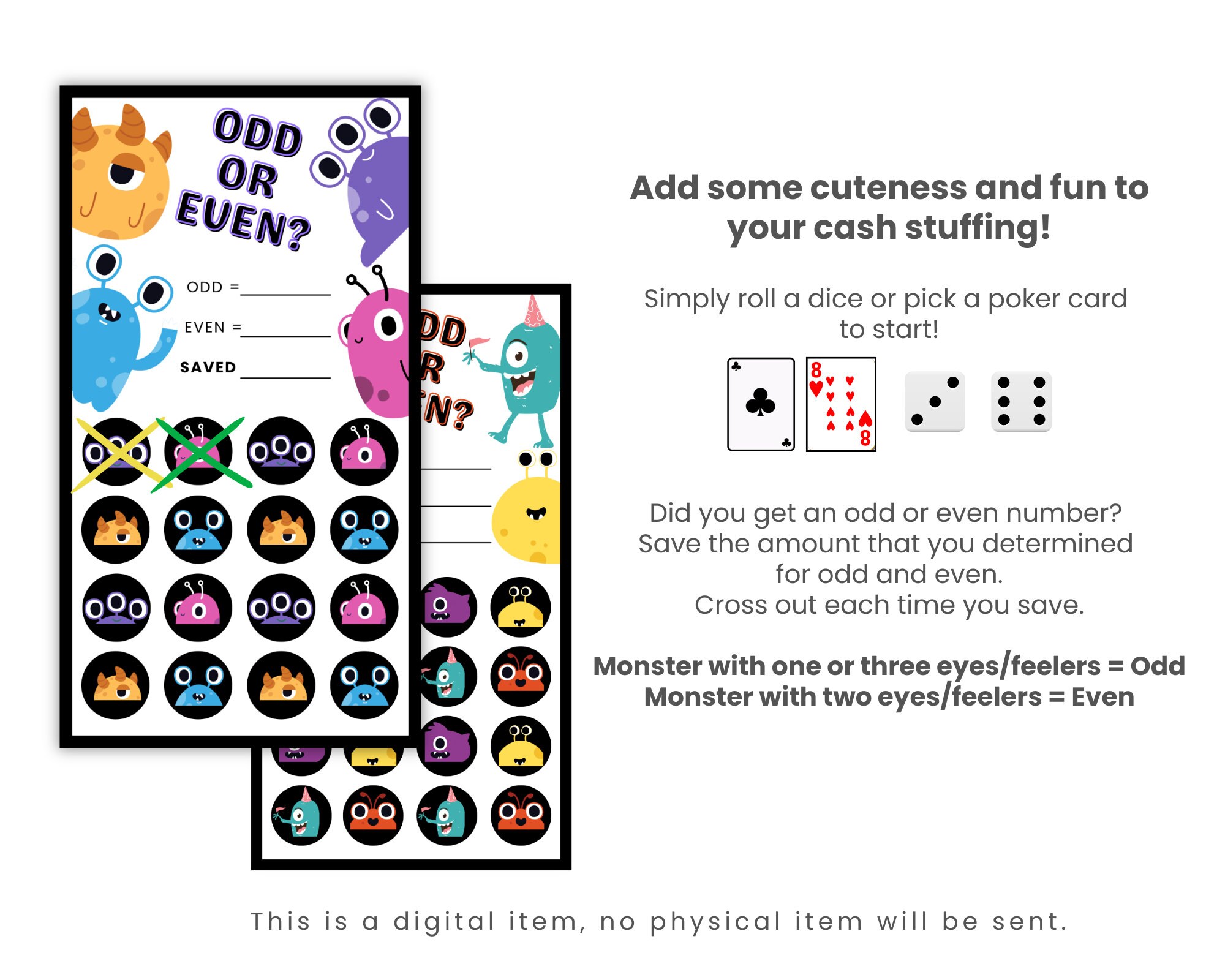Odd or Even Savings Challenge Game Cute Monster Savings Challenge Dice ...