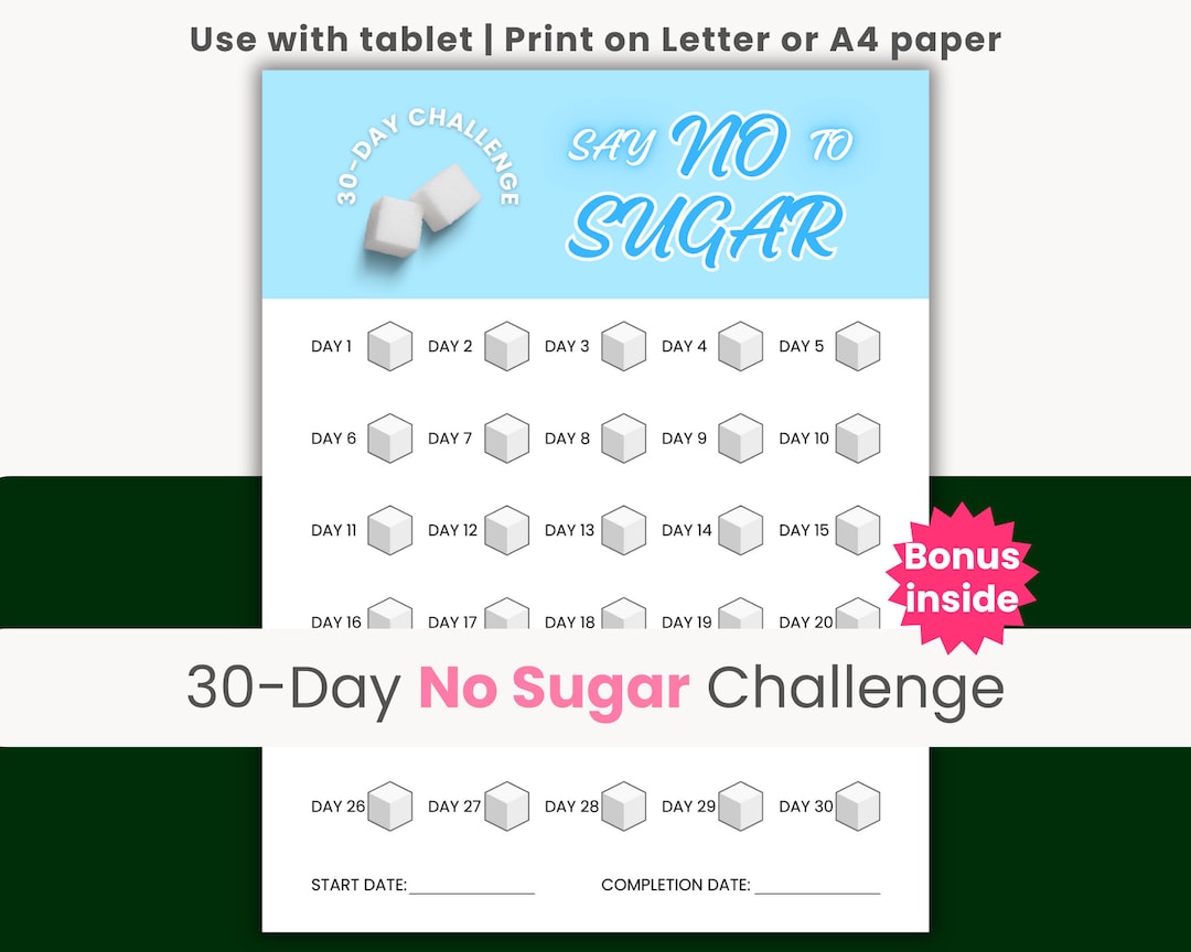 No Sugar Challenge, 30 Day No Sugar Tracker, Sugar Free Challenge ...