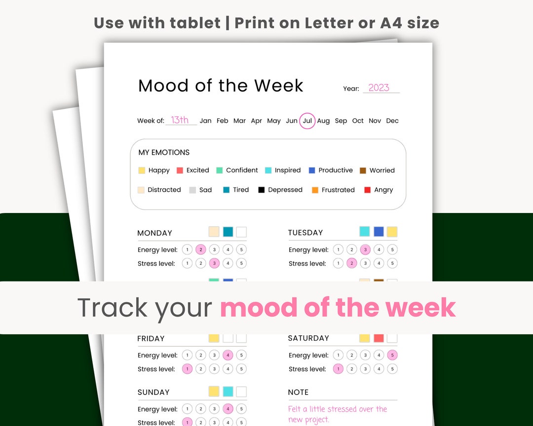 Weekly Mood Tracker, Mood Tracker Printable, Mood Tracker Digital, Mood ...