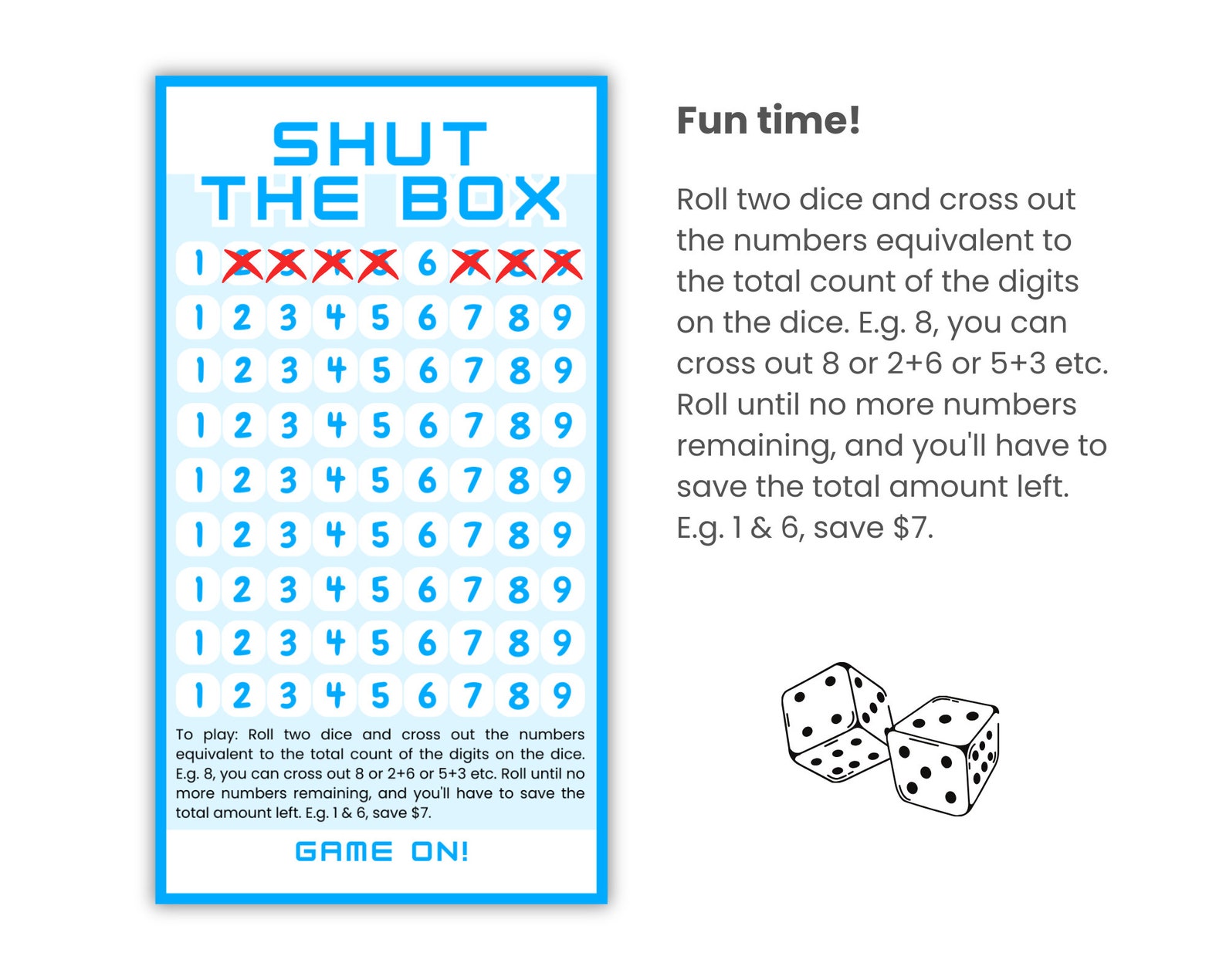 Shut the Box Savings Challenge Game A6 Cash Stuffing Printable Dice ...