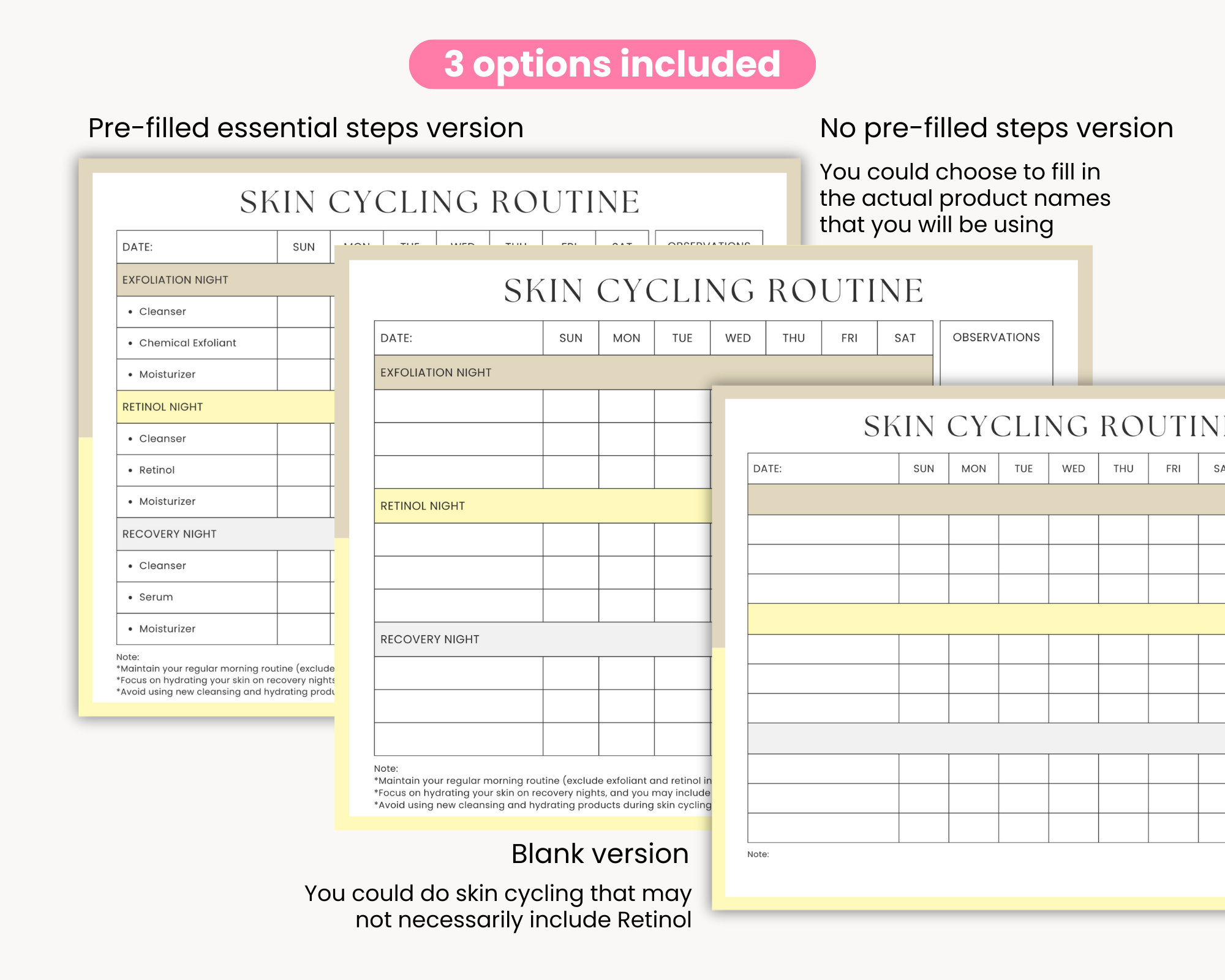 Skin Cycling Routine Tracker: Printable Skincare Calendar, Retinol ...
