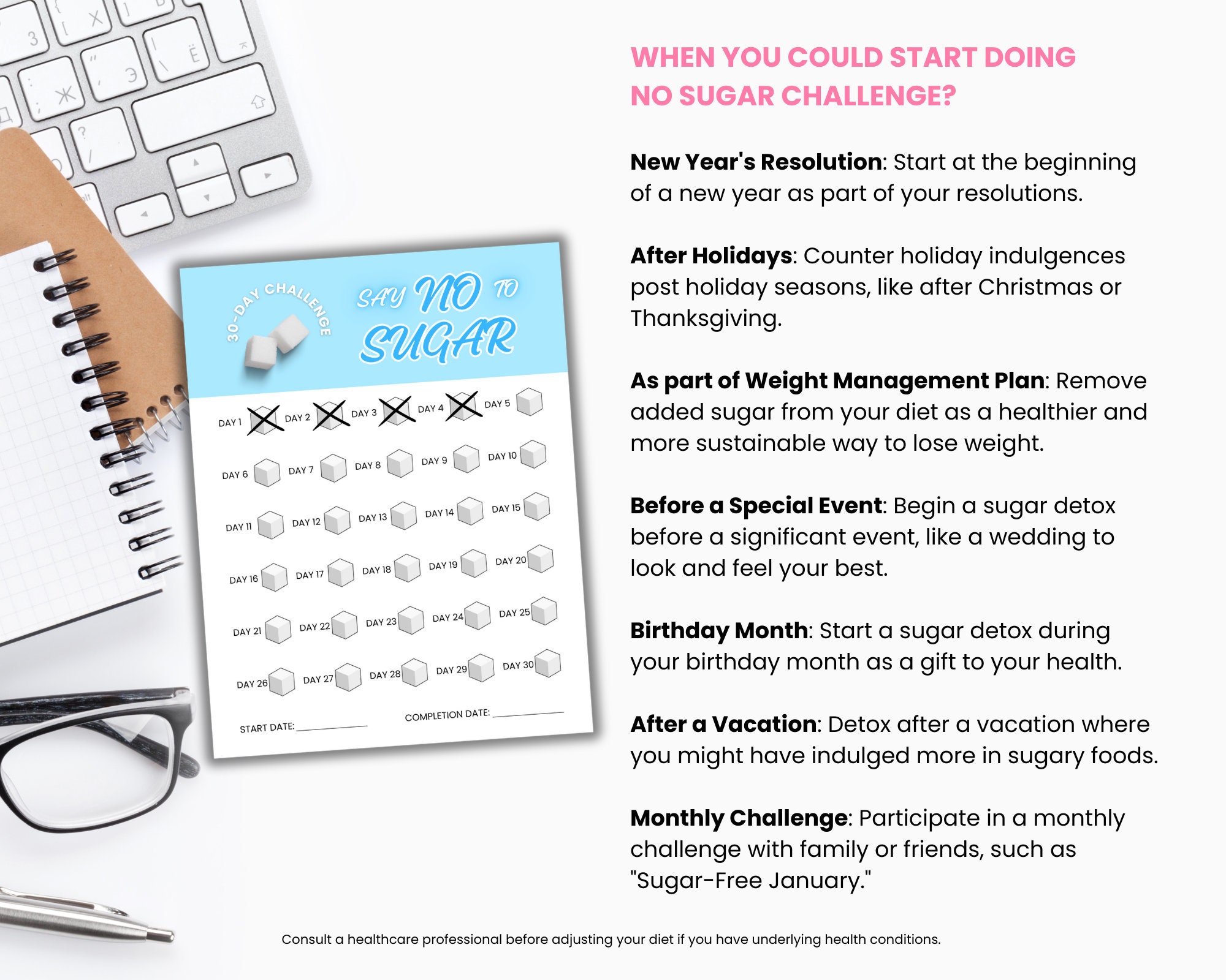 No Sugar Challenge, 30 Day No Sugar Tracker, Sugar Free Challenge ...