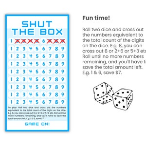 Shut the Box Savings Challenge Game A6 Cash Stuffing Printable Dice ...