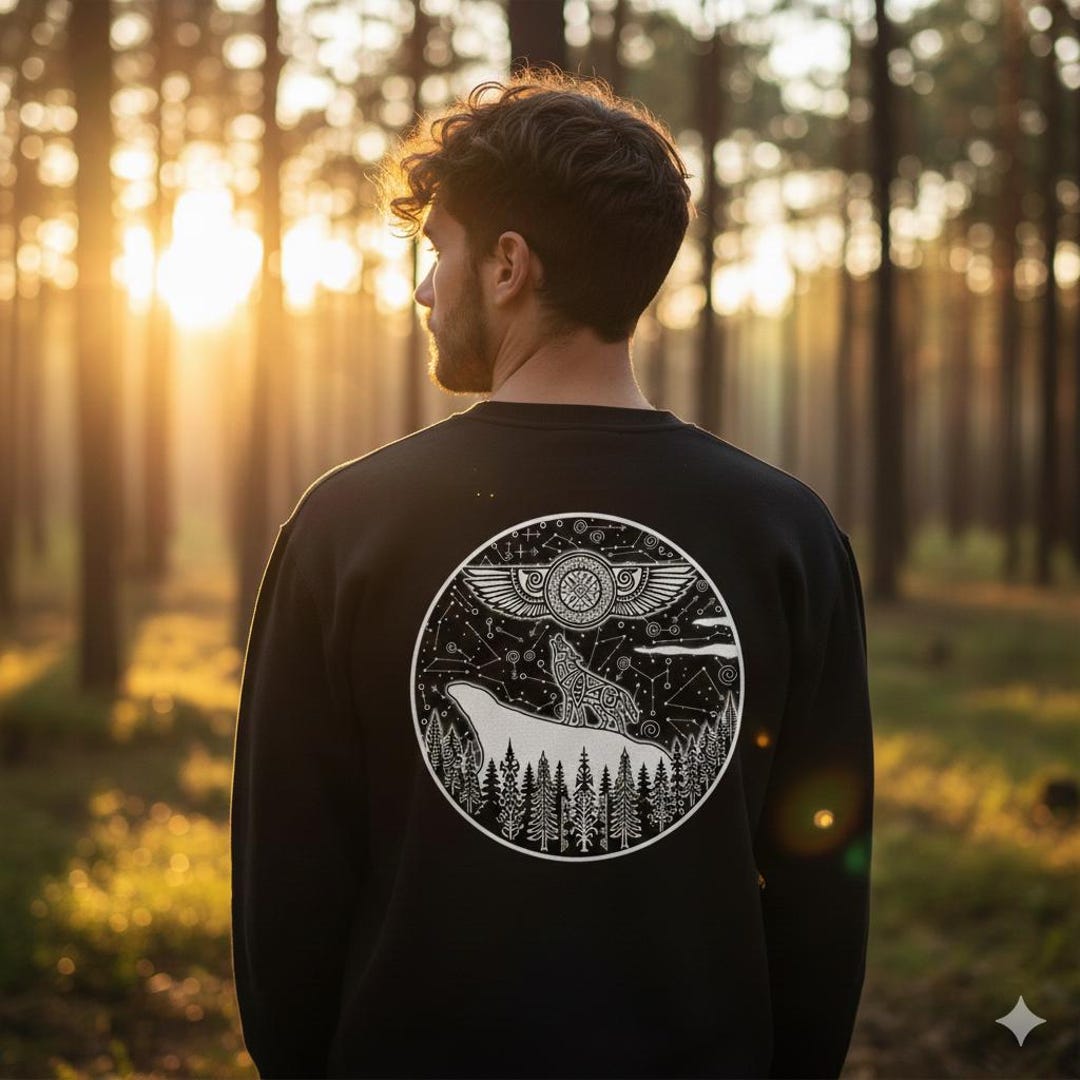 Nordic Wolf Sweatshirt, Runic Celestial Crewneck, Viking Mythology Top ...