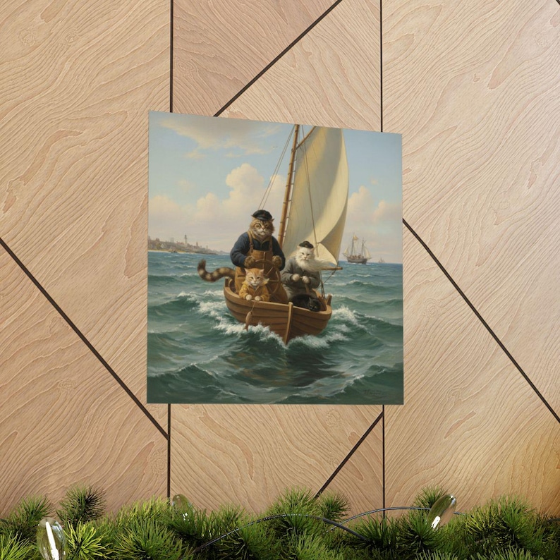 Cats on A Boat Posters, Feline Sailors Art Print, Nautical Cats Poster ...