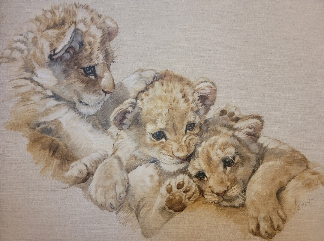 Lion Cubs Painting by M. Clancy 1977 - Etsy