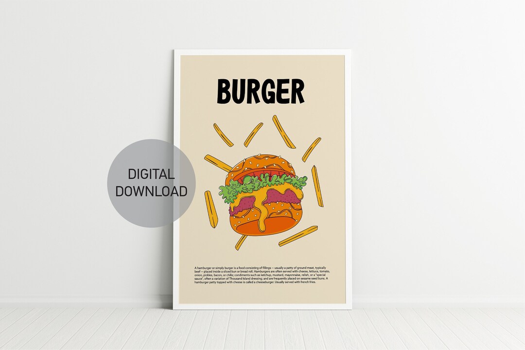 Burger Print, Beige Food Poster, PRINTABLE WALL ART, Foodie Drawing ...