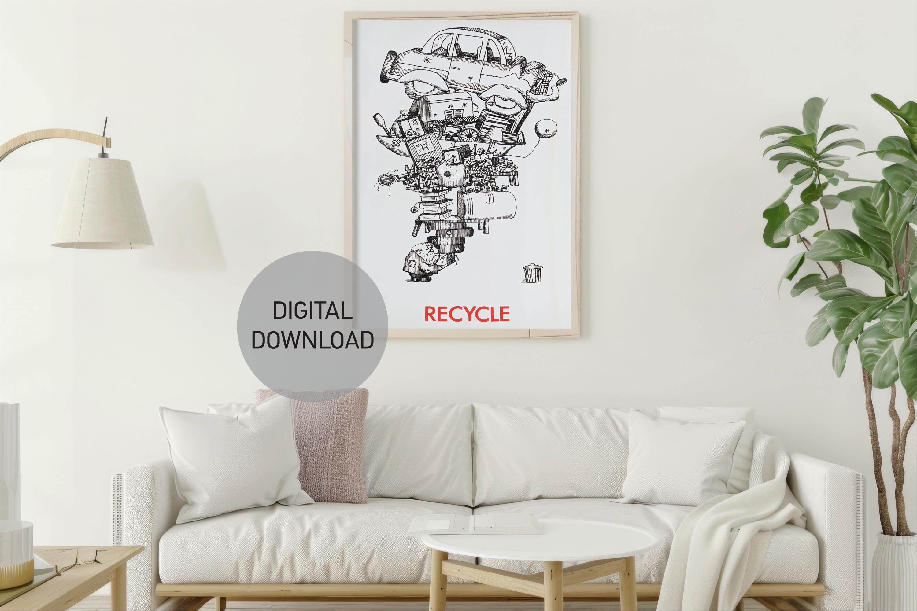 Vintage Recycle Print, Lithograph Print, Living Room Wall Art, Giclee ...