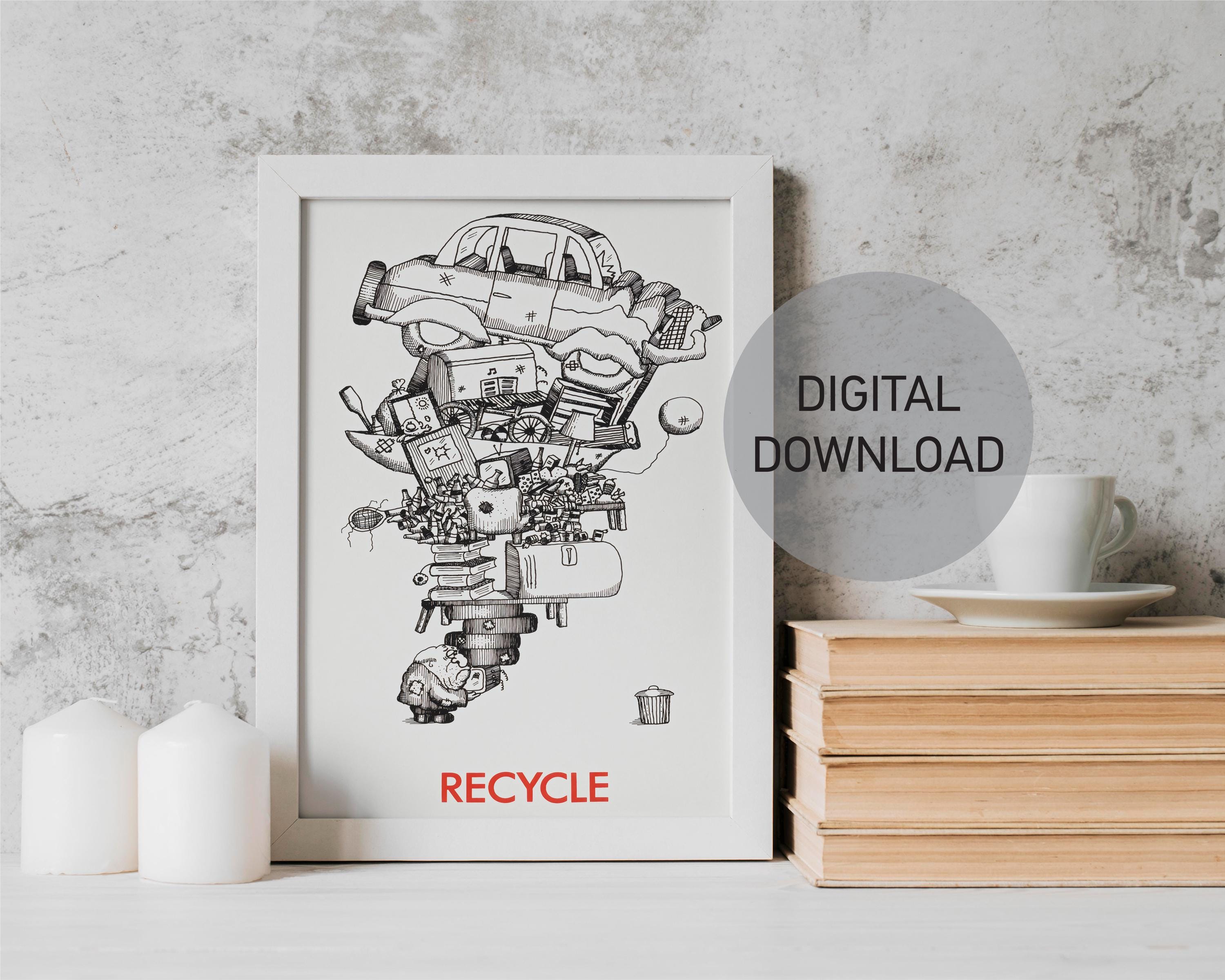 Vintage Recycle Print, Lithograph Print, Living Room Wall Art, Giclee ...
