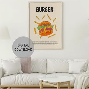 Burger Print, Beige Food Poster, Printable Wall Art, Foodie Drawing ...