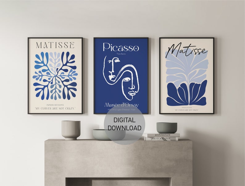 Navy Blue Henri Matisse Set of 3, Picasso Poster Set, Modern Wall Print, Yayoi Kusama, Gallery ...