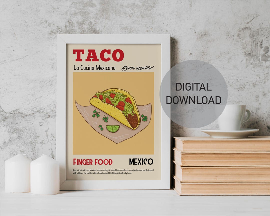 Taco Print, Beige Tacos Poster, Printable Wall Art, Foodie Drawing ...