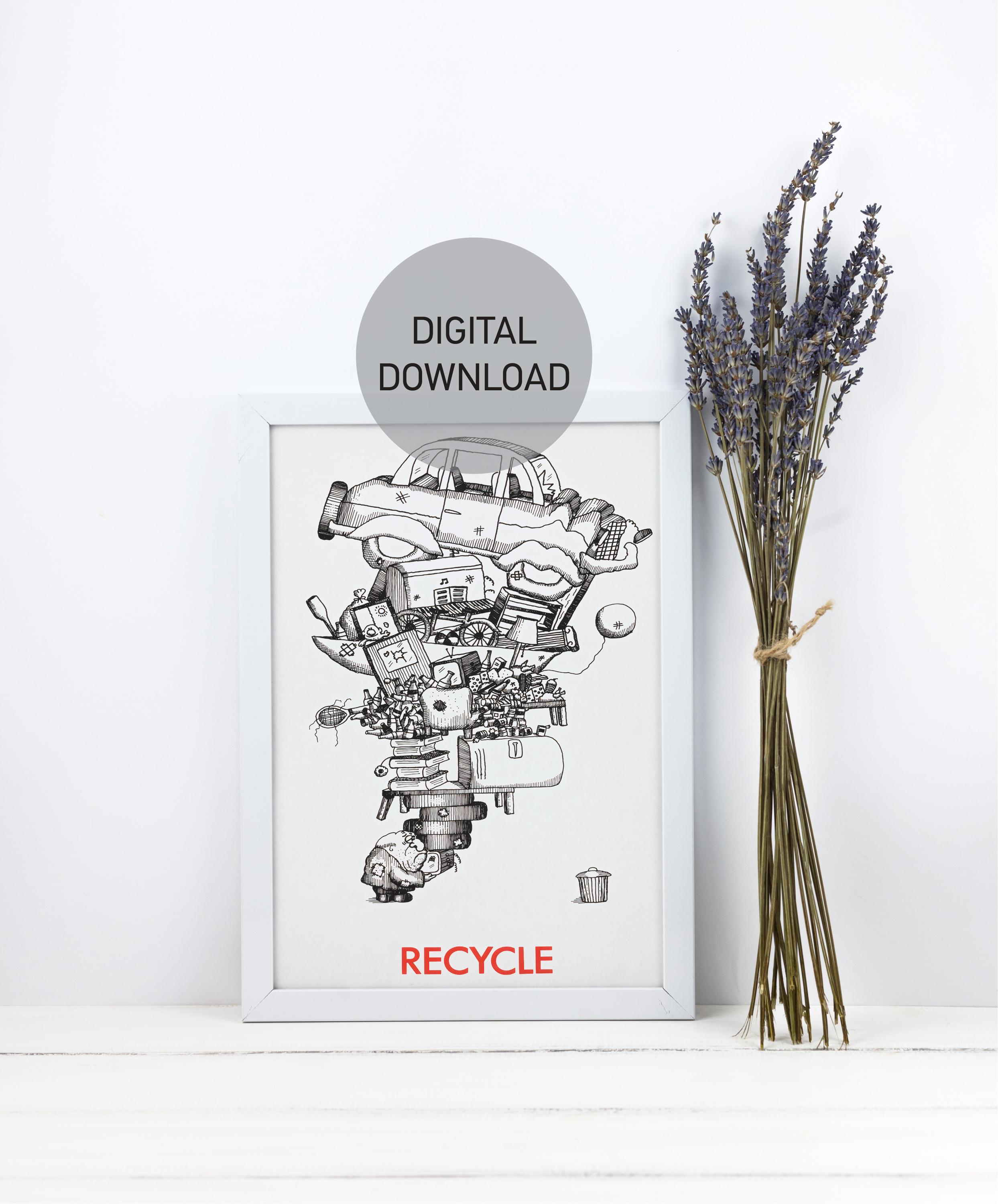 Vintage Recycle Print, Lithograph Print, Living Room Wall Art, Giclee ...