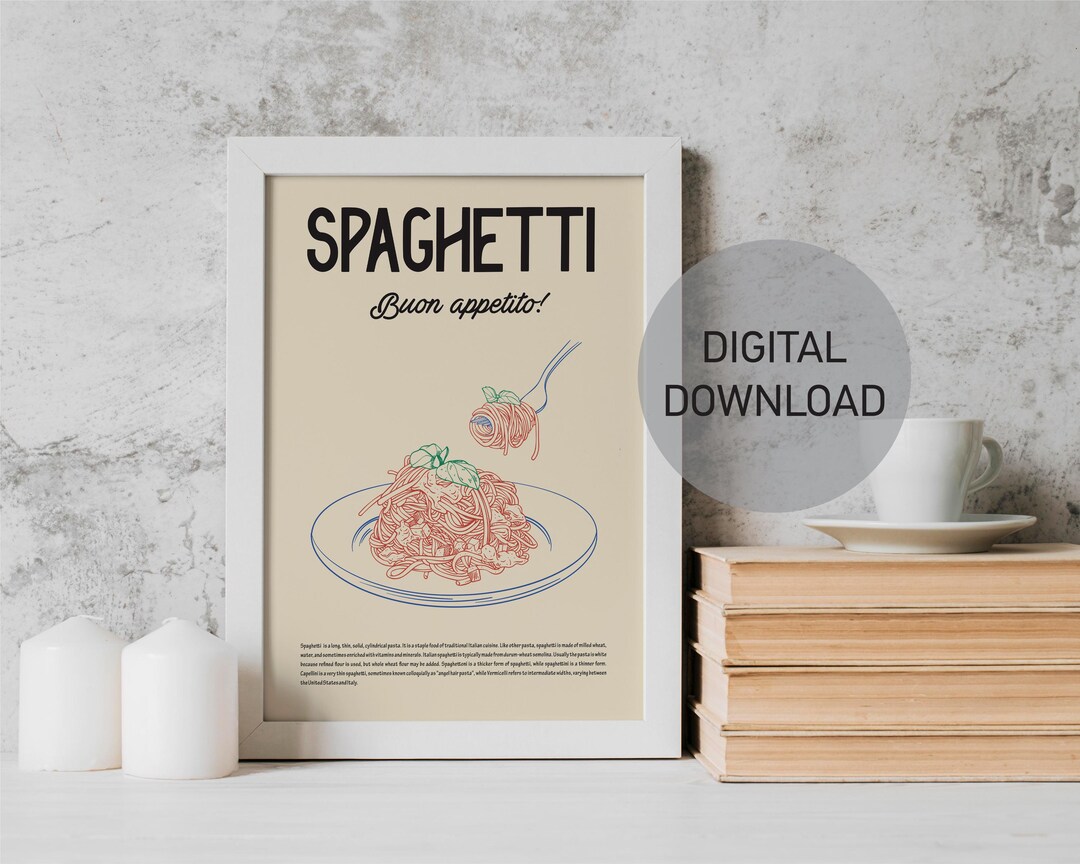 Spaghetti Poster, Food Print, Modern Kitchen Decor, Illustration, Italy ...