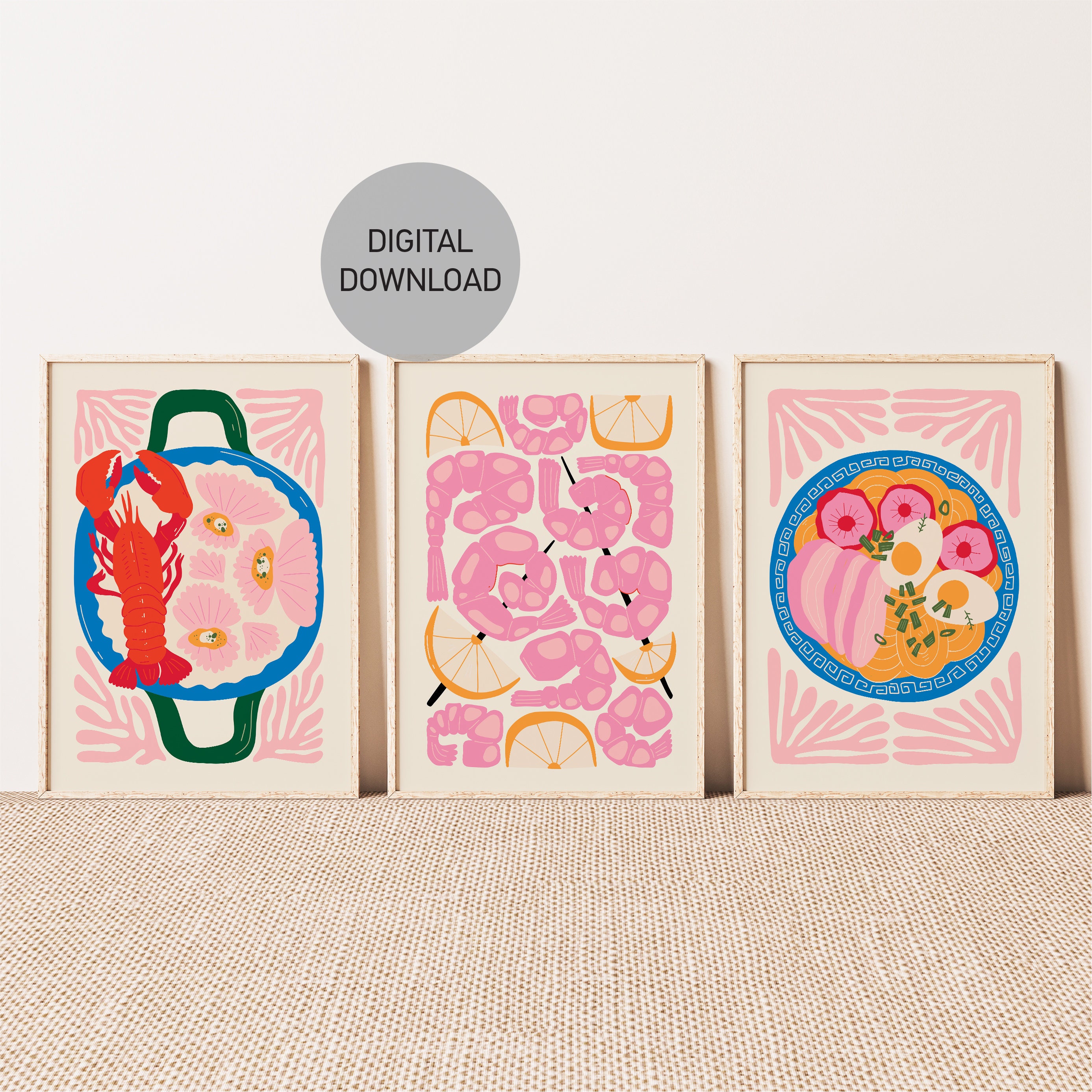 Pastel Pink Sea Food Print Set of 3 Food Wall Art Digital Download ...