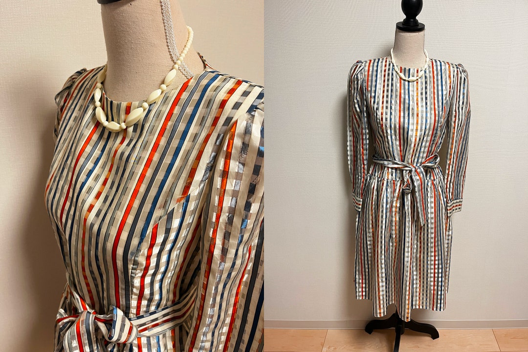 Elegant Vintage 1980s Japanese Vintage Dress / Tricolor Stripe Pattern ...