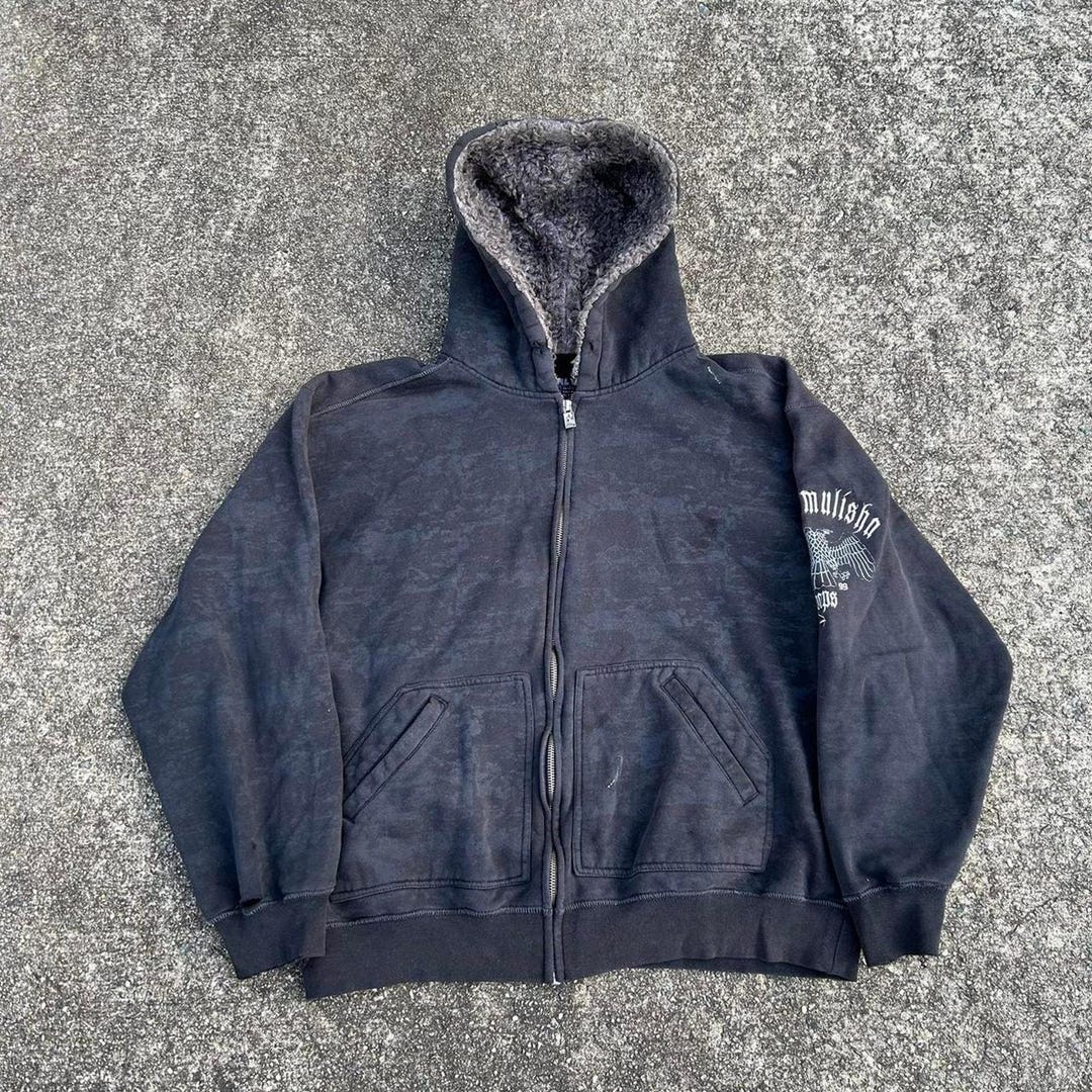 Y2k Metal Mulisha Zip up Hooded Jacket RARE Hood Fur Lined Grunge Size ...