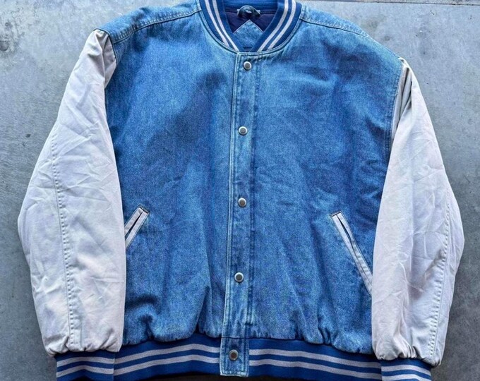 Vintage 90s Basic Editions Denim Bomber Varsity Jacket Size XL - Etsy