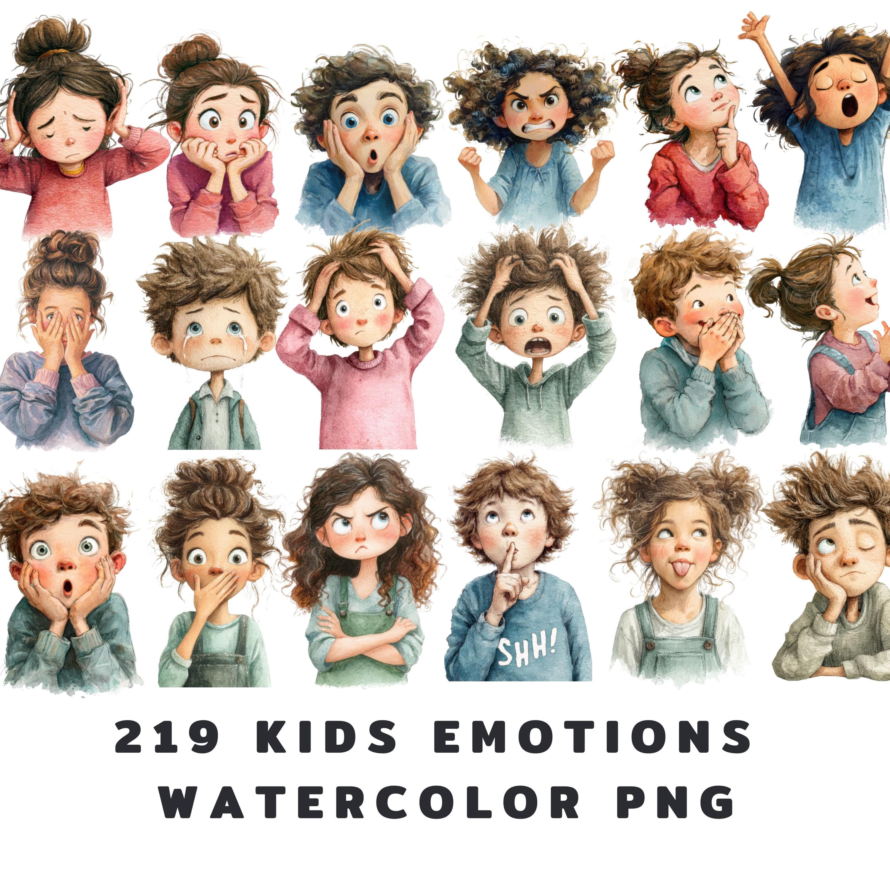 Watercolor Kids Emotions Clipart | Facial Expressions PNG (digital ...