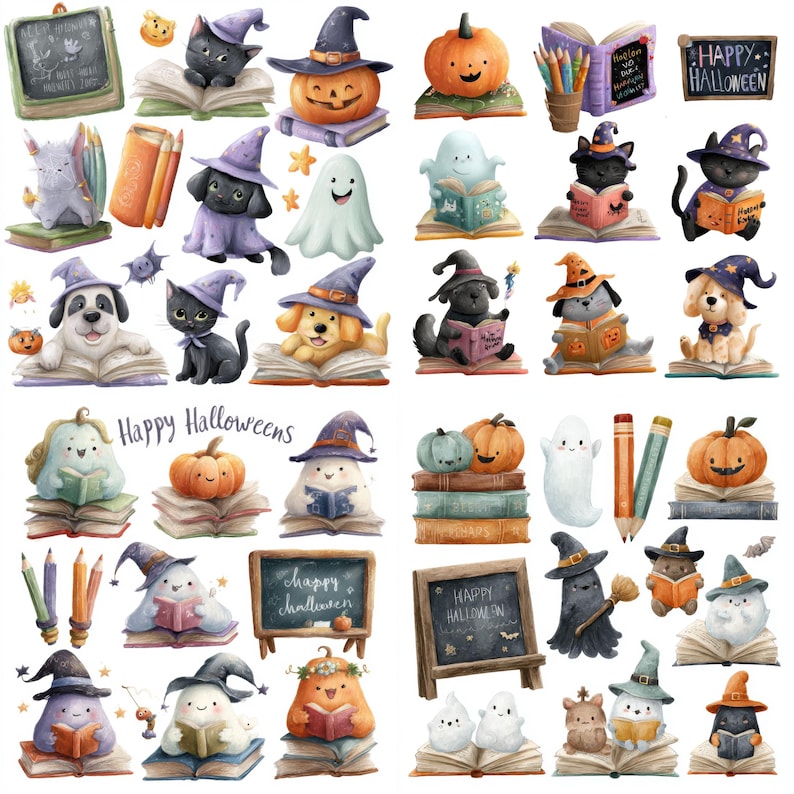 Halloween Classroom Clipart: Watercolor PNG Set for Teachers (digital ...