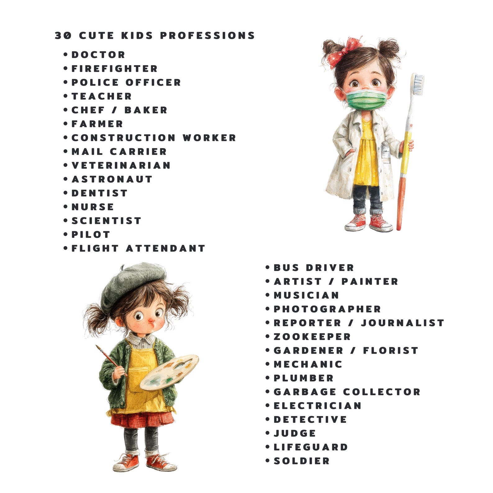 Watercolor Kids Professions Clipart Set | 30 Children Jobs PNG | Career ...