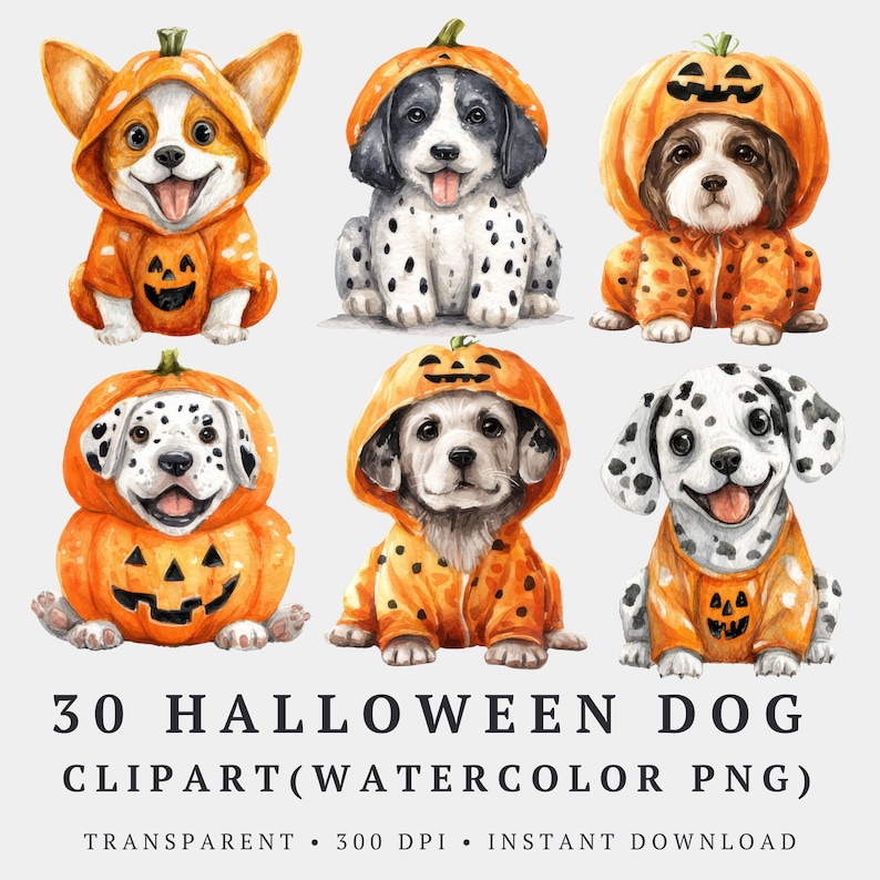 Halloween Dog Clipart Bundle (30 PNG) – Watercolor Pumpkin Dogs ...