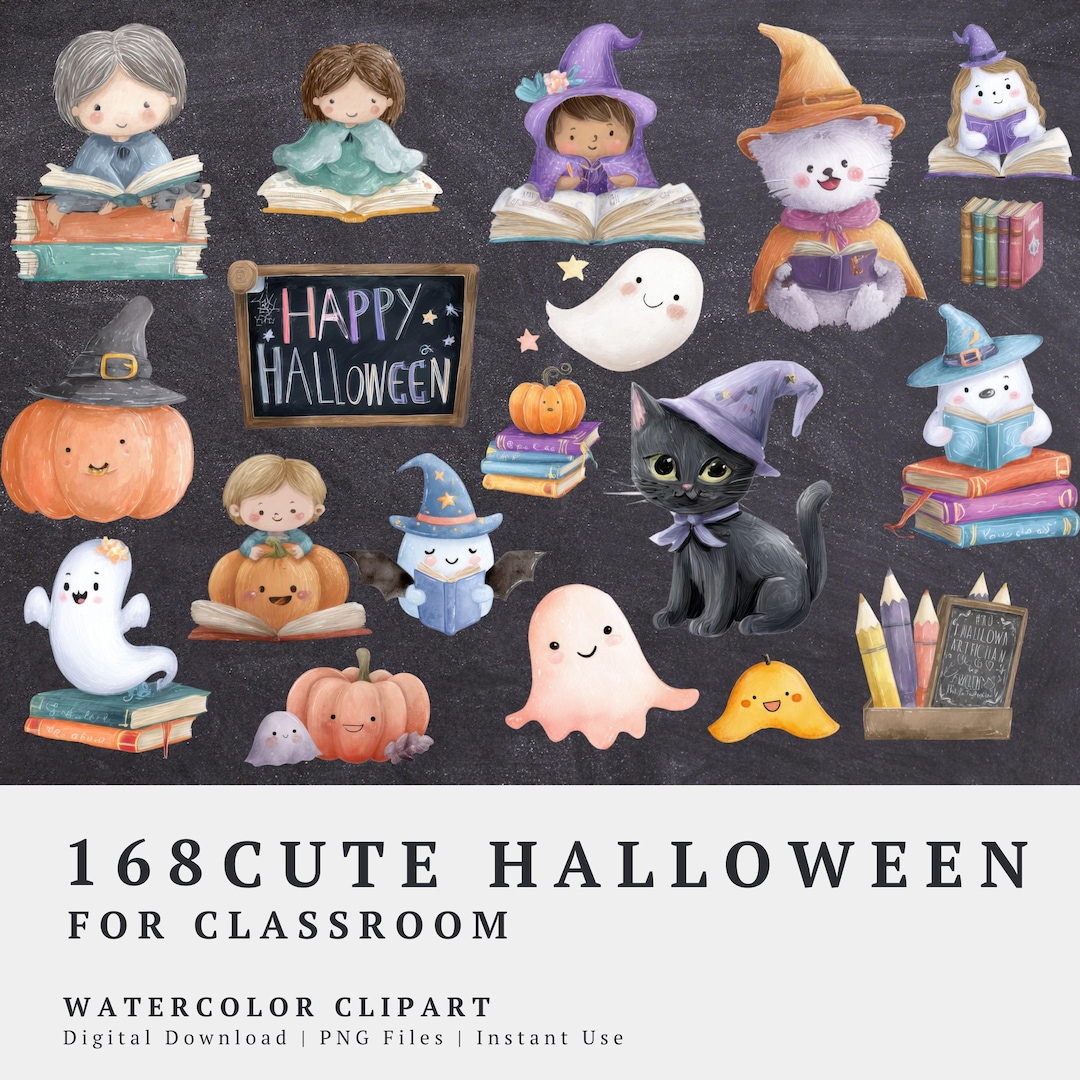 Halloween Classroom Clipart: Watercolor PNG Set for Teachers (digital ...