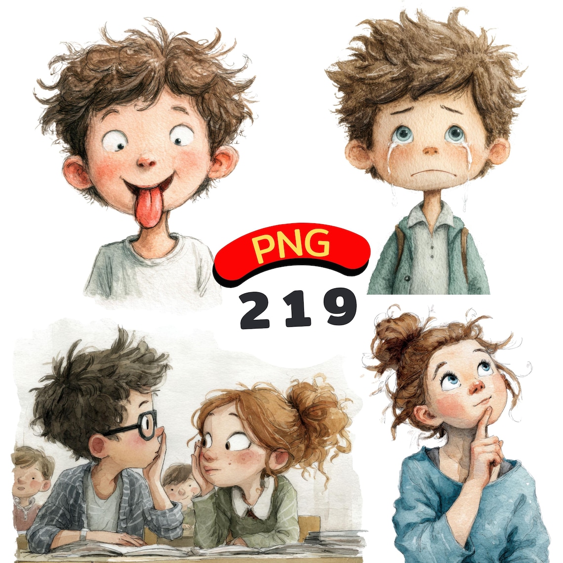 Watercolor Kids Emotions Clipart | Facial Expressions PNG (digital ...