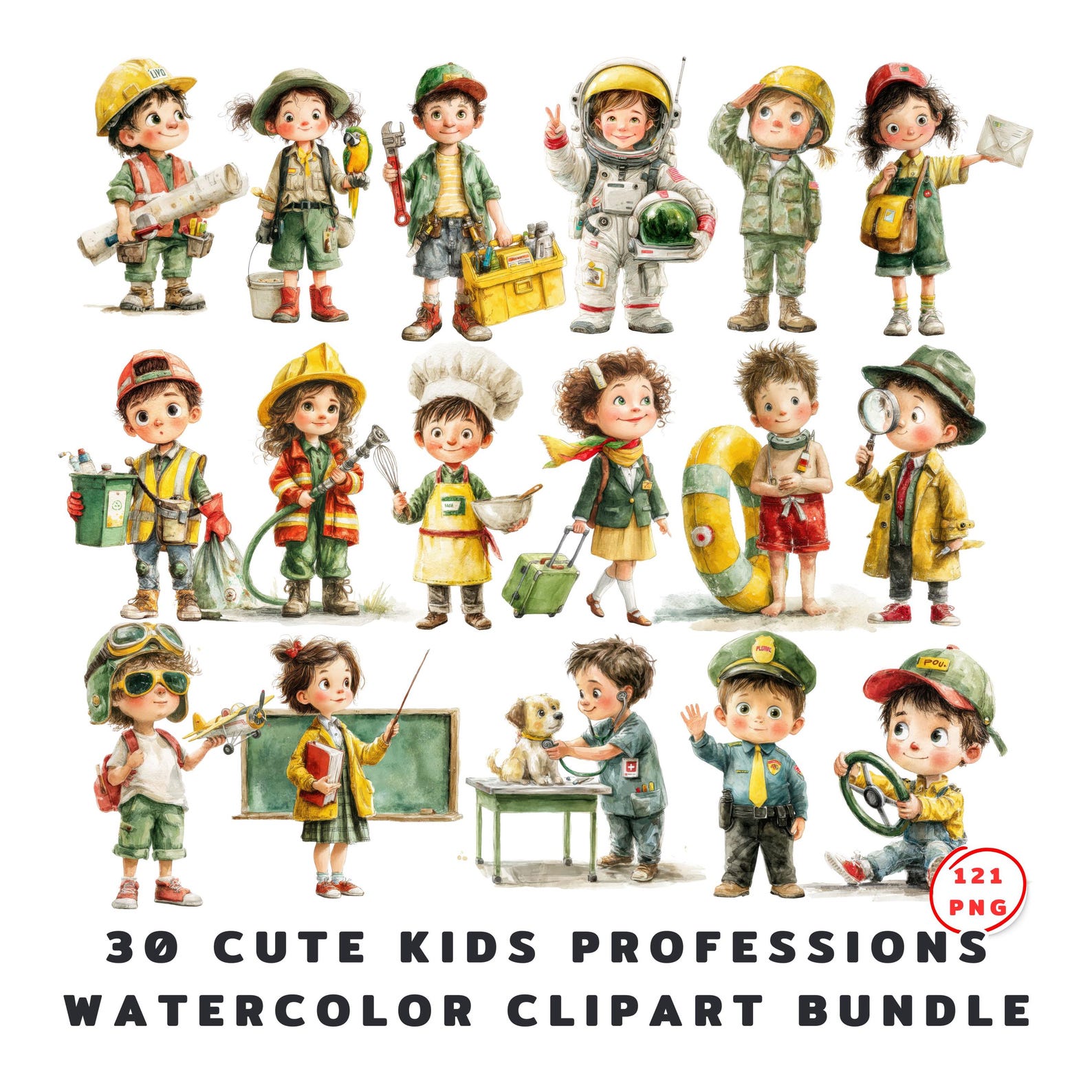 Watercolor Kids Professions Clipart Set | 30 Children Jobs PNG | Career ...