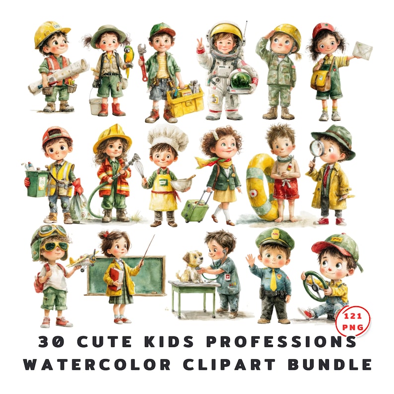 Watercolor Kids Professions Clipart Set | 30 Children Jobs PNG | Career ...