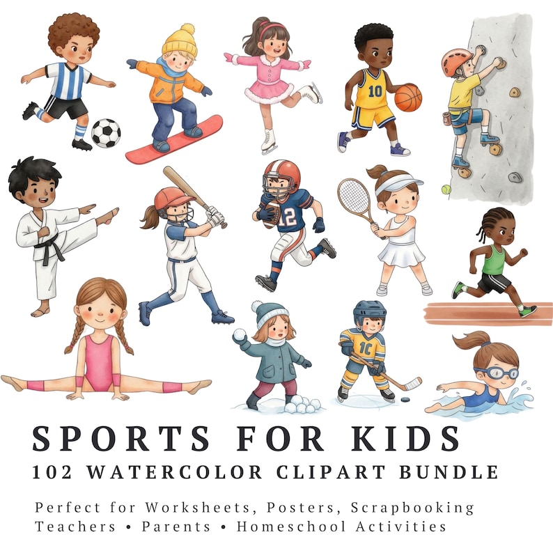 Watercolor Sports Kids Clipart Bundle: Soccer, Basketball, Gymnastics ...