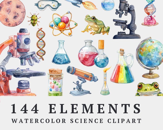 Watercolor Science Clipart – STEM PNG Bundle, Biology Chemistry Lab ...