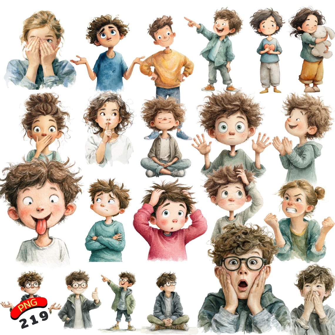 Watercolor Kids Emotions Clipart | Facial Expressions PNG (digital ...