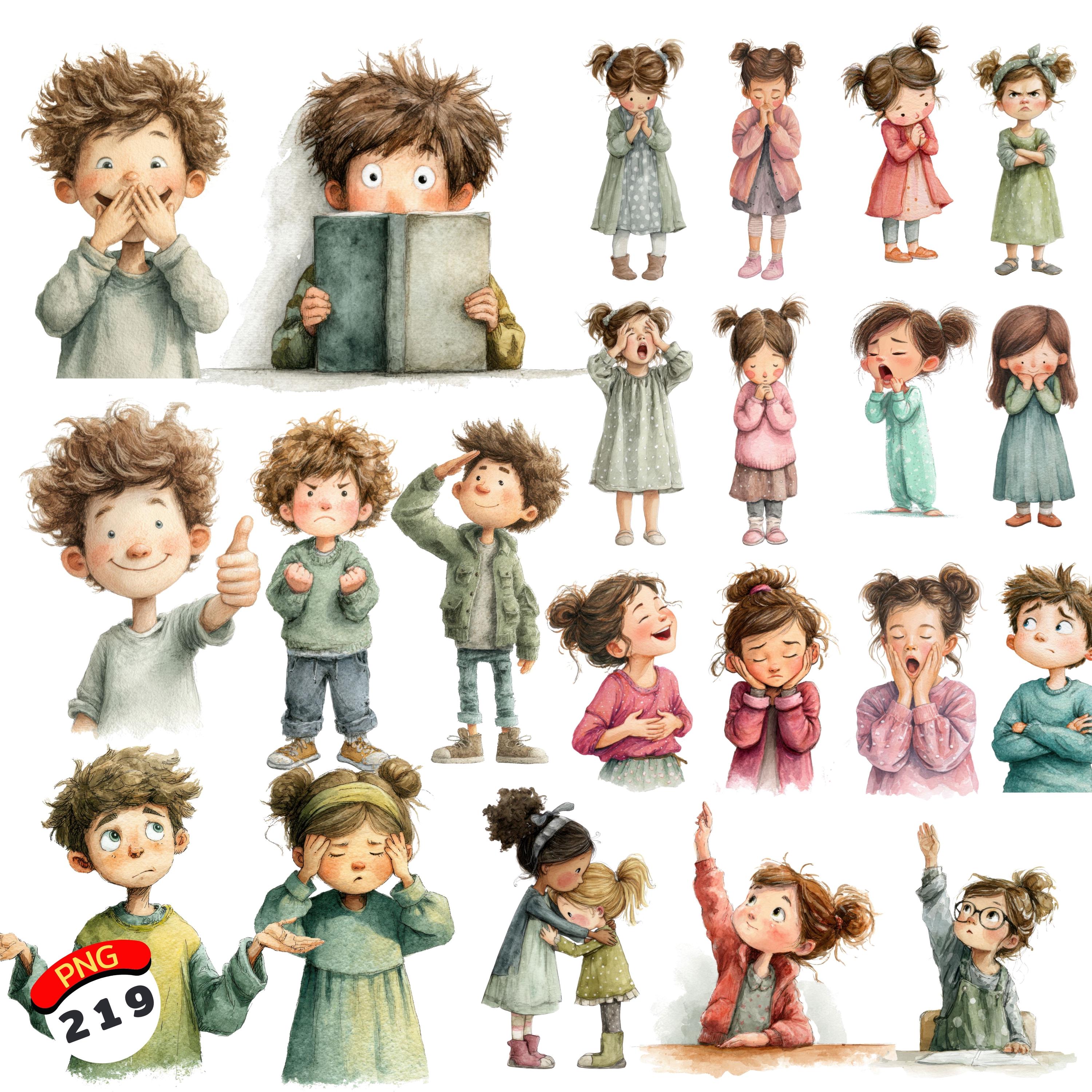 Watercolor Kids Emotions Clipart | Facial Expressions PNG (digital ...