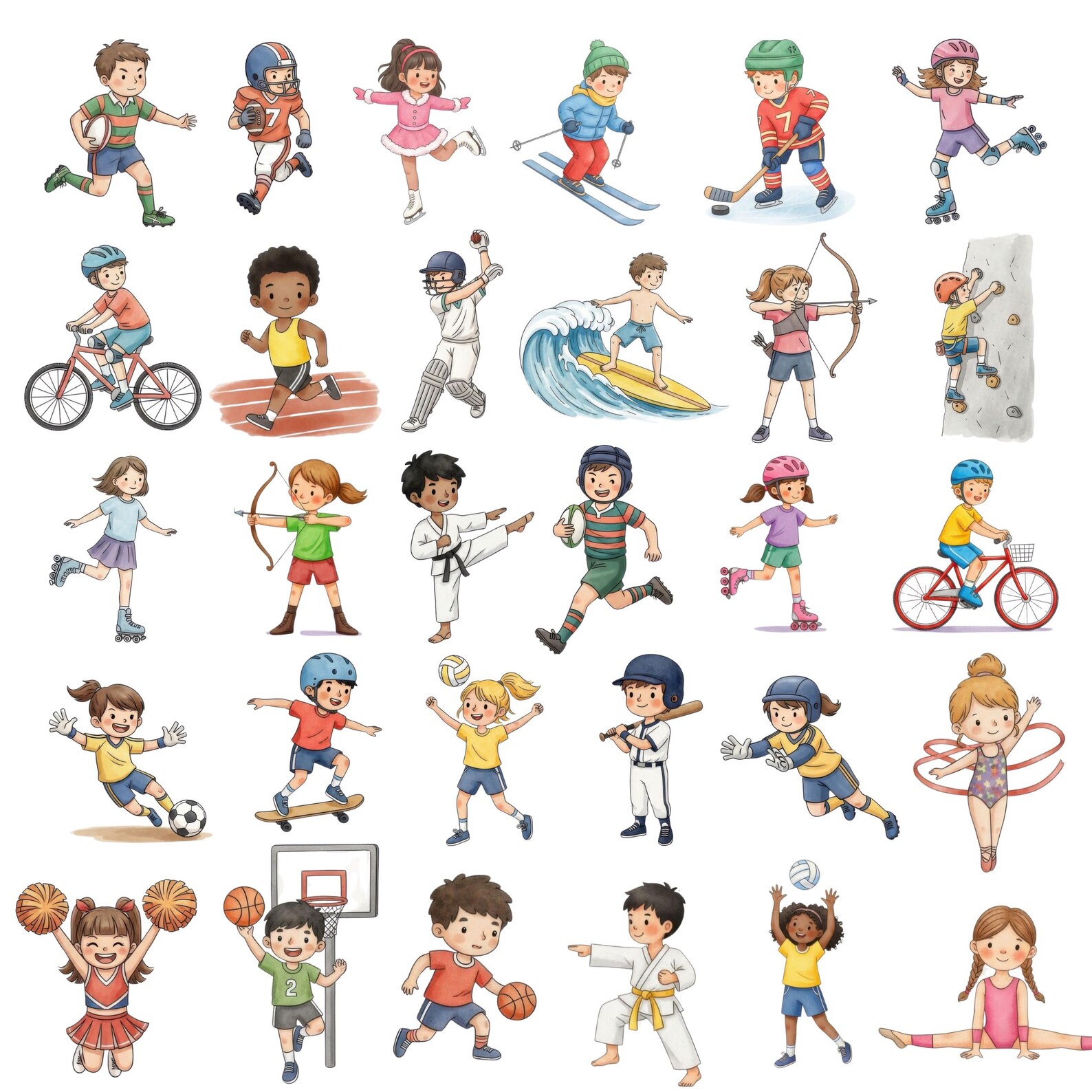 Watercolor Sports Kids Clipart Bundle: Soccer, Basketball, Gymnastics ...