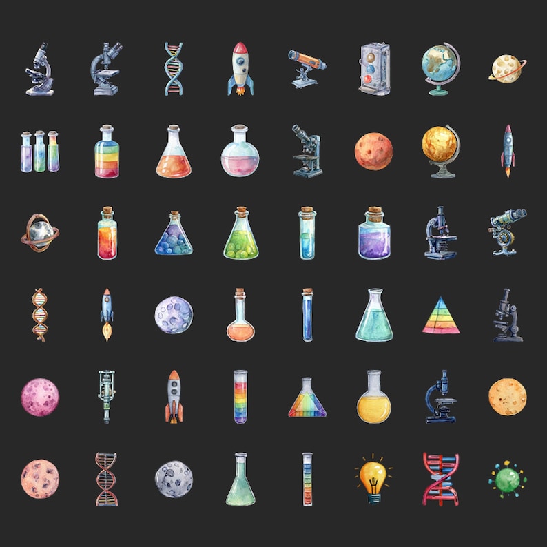 144 Watercolor Science Clipart – STEM PNG Bundle, Biology Chemistry Lab ...