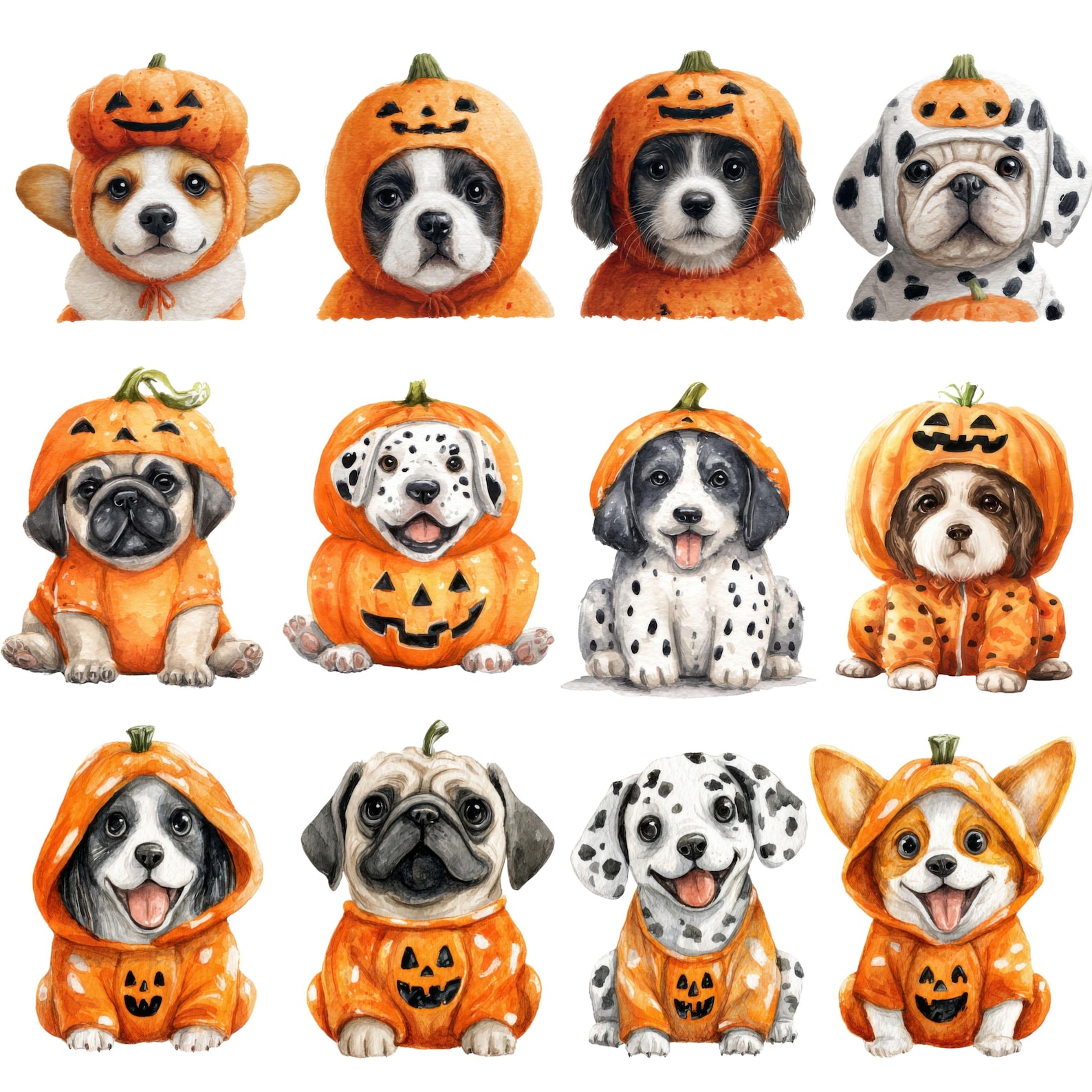 Halloween Dog Clipart Bundle (30 PNG) – Watercolor Pumpkin Dogs ...